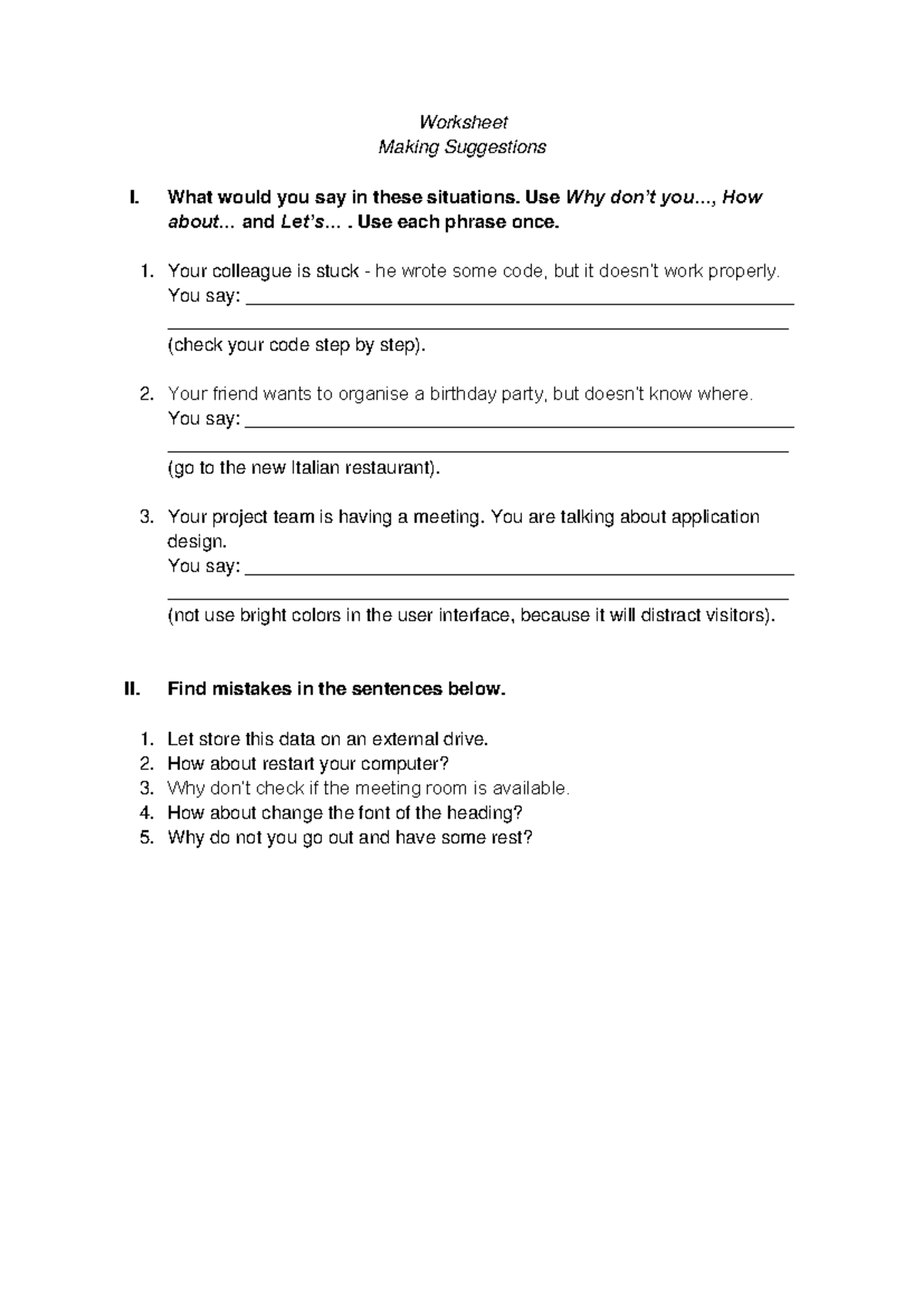 Practice Worksheet Making+Suggestions - Worksheet Making Suggestions I ...