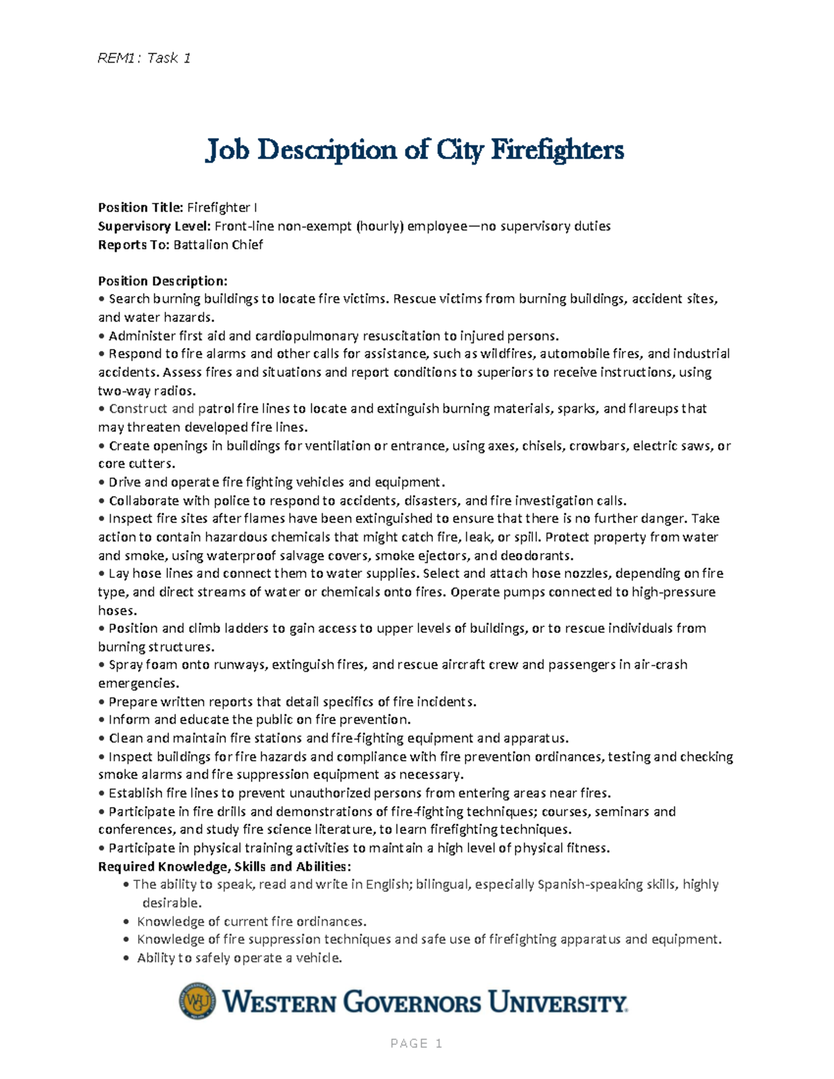Job Description of Firefighters c234 task 2 - REM1: Task 1 PA GE 1 Job ...