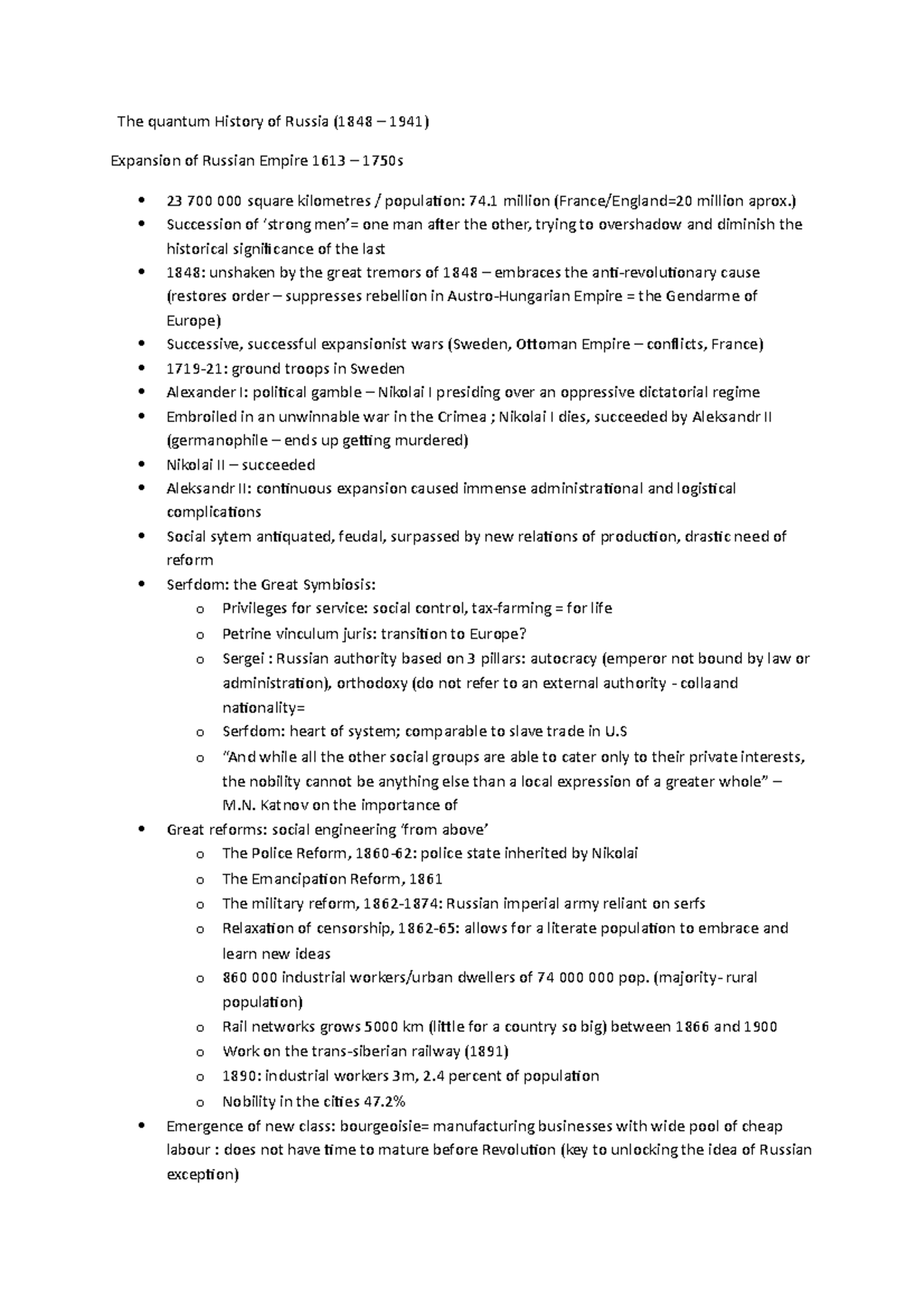 Lecture Notes, Lecture 1 - Lecture On Mother Russia Since The 1800S ...