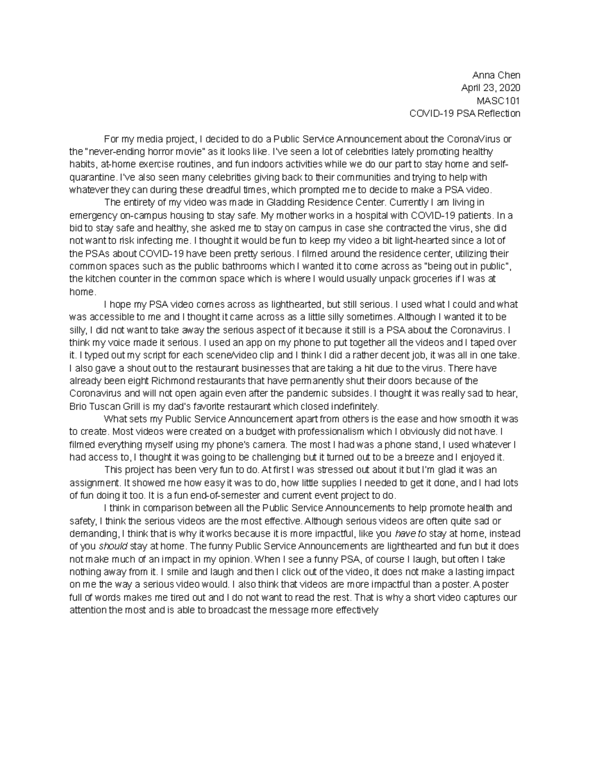 Media Project Reflection - Anna Chen April 23, 2020 MASC COVID-19 PSA ...