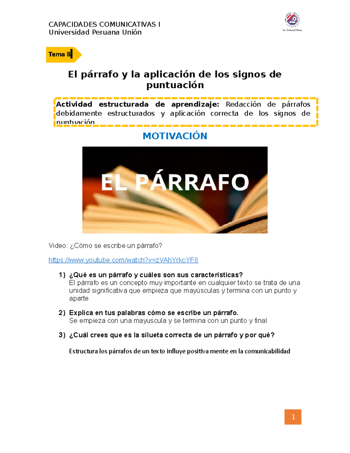 Ficha de trabajo - ejercisios - Universidad Peruana Unión Tema 8 El párrafo y la aplicación de ...