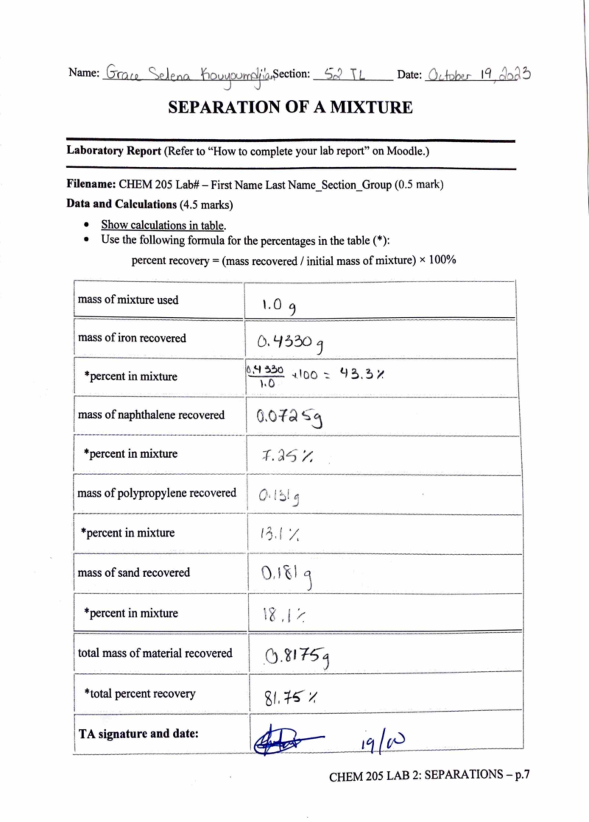 CHEM 205 Lab#2 report - Name: G-m co SeJ eoa n0Vjwrr1f , ection: Si:J ...