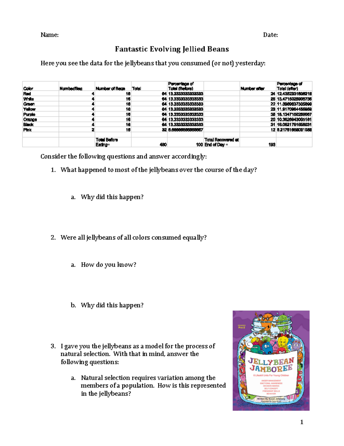 AP- Handout Jelly Bean Evolution - 1 Name: Date: Fantastic Evolving ...