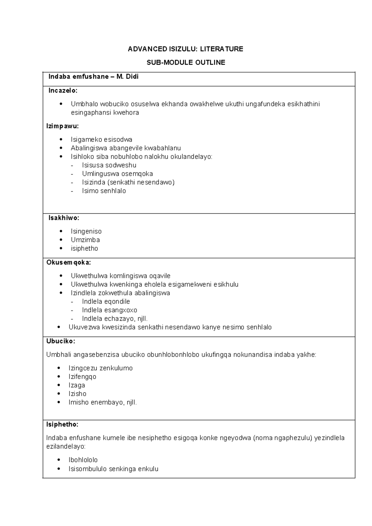 Prose and Modern Poetry Sub-module Outline - ADVANCED ISIZULU ...