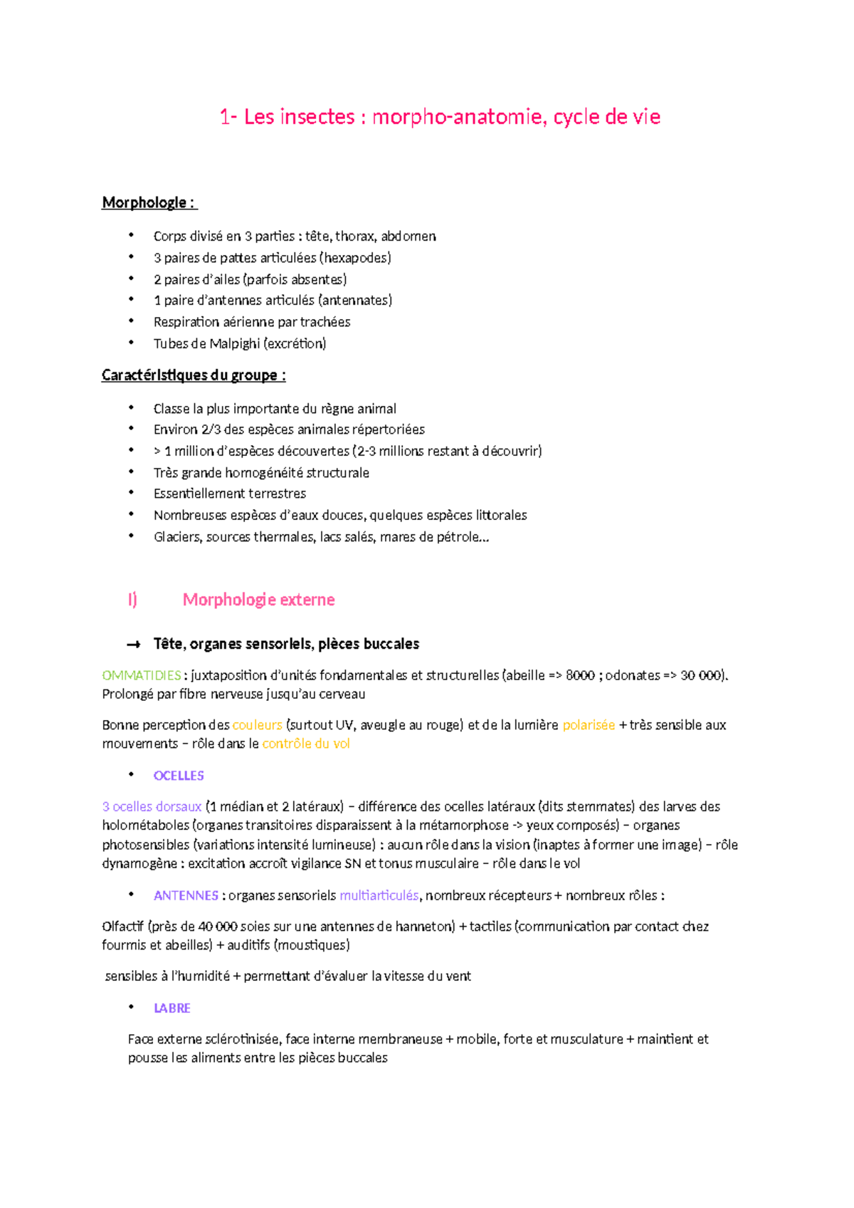 cours sur les insectes - 1- Les insectes : morpho-anatomie, cycle de ...
