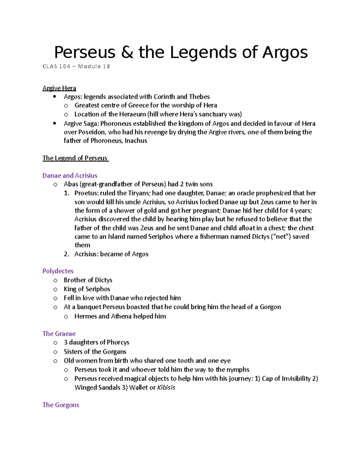 Perseus Lecture Notes - Perseus & the Legends of Argos CLAS 104 ...