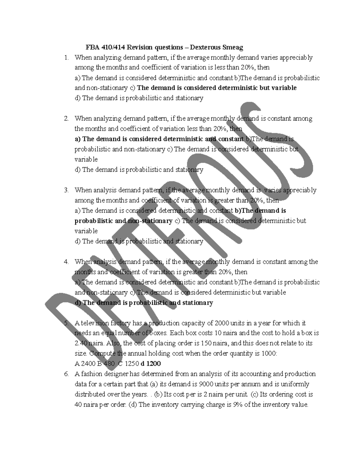 FBA Intensive revision questions and answer - FBA 410/414 Revision ...