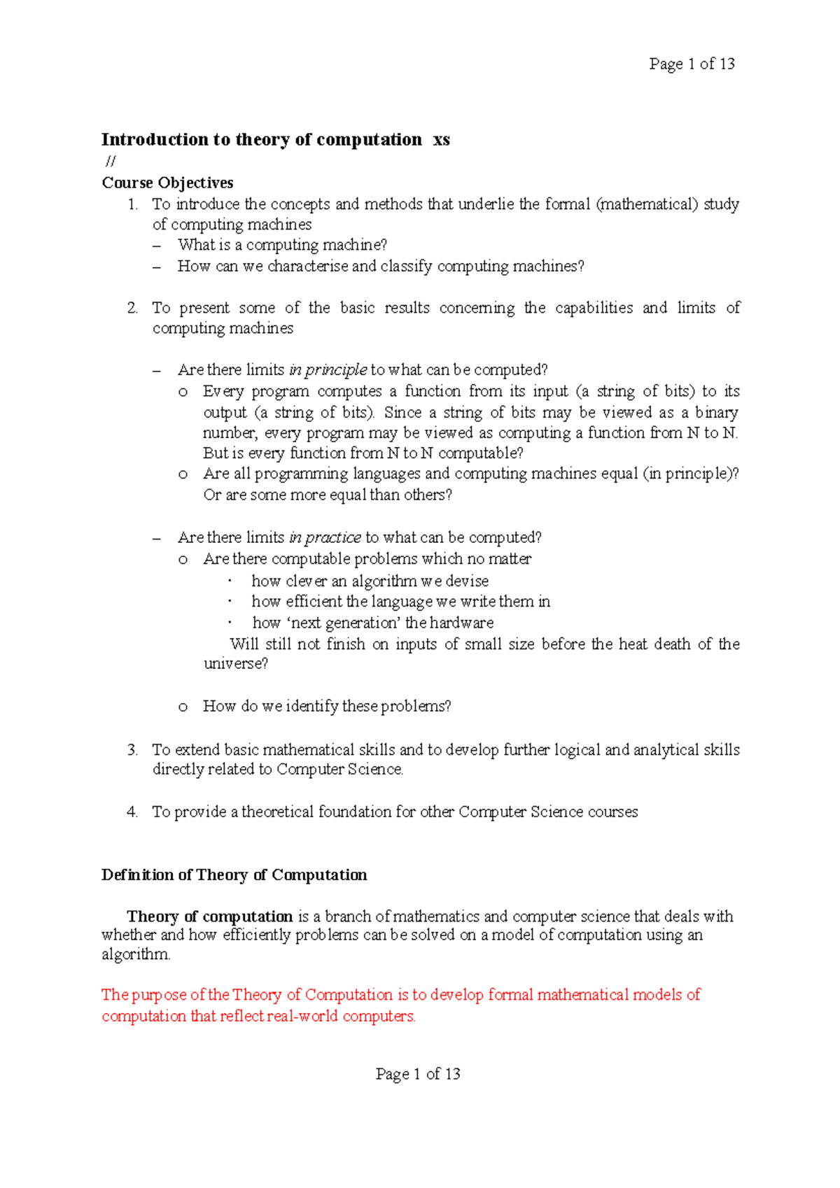 1 Introduction to theory of computation 2022 - To introduce the concepts and methods that ...