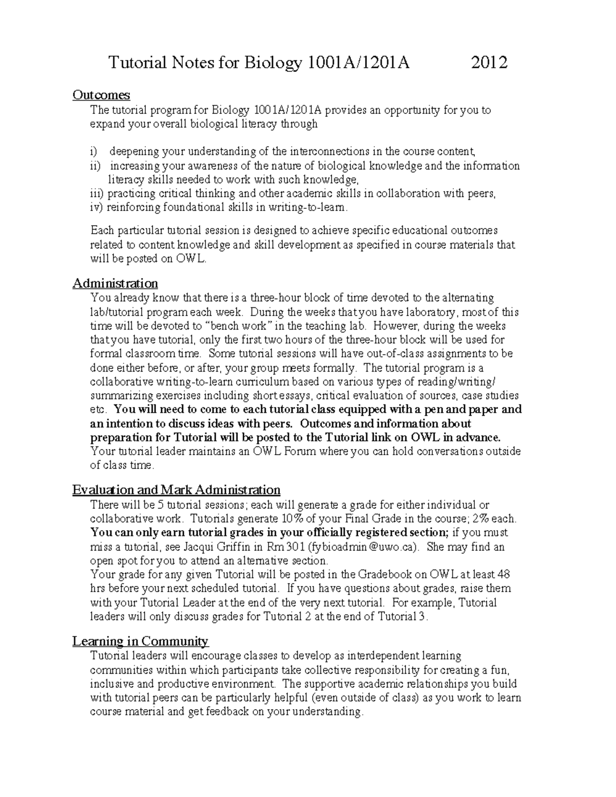 Lecture notes - tutorial notes - Tutorial Notes for Biology 1001A/1201A ...