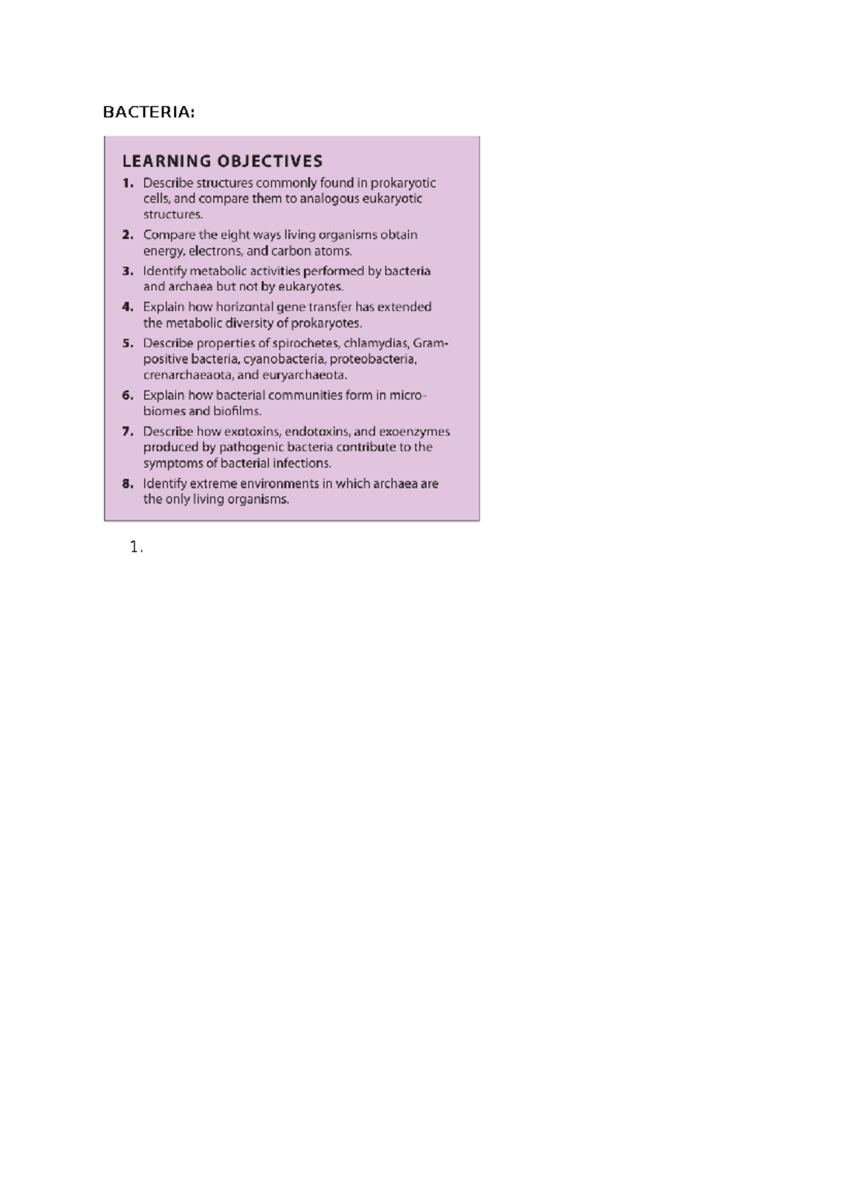 Biology 144 A1E1 Questions - BACTERIA: LEARNING OBJECTIVES 1. Describe ...