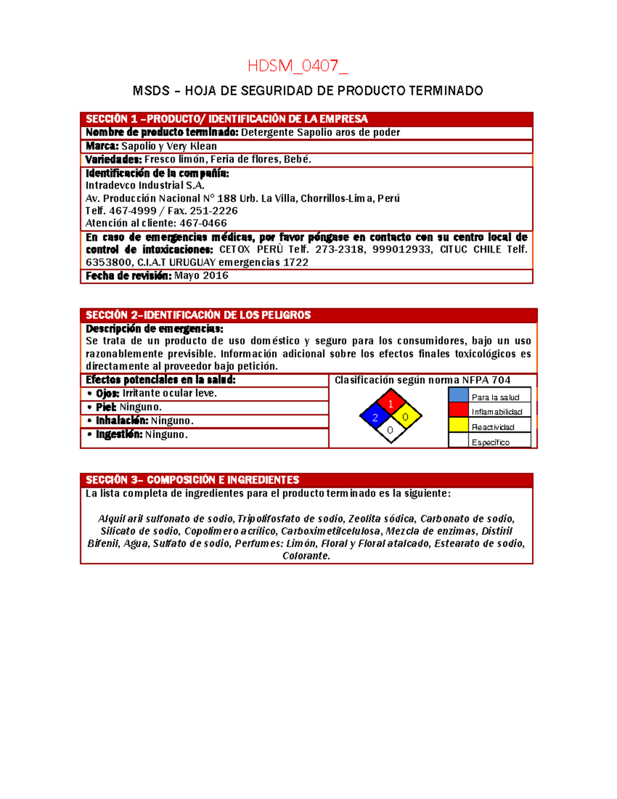 MSDS.-Detergente en polvo - MSDS – HOJA DE SEGURIDAD DE PRODUCTO TERMINADO SECCIÓN 1 – PRODUCTO ...