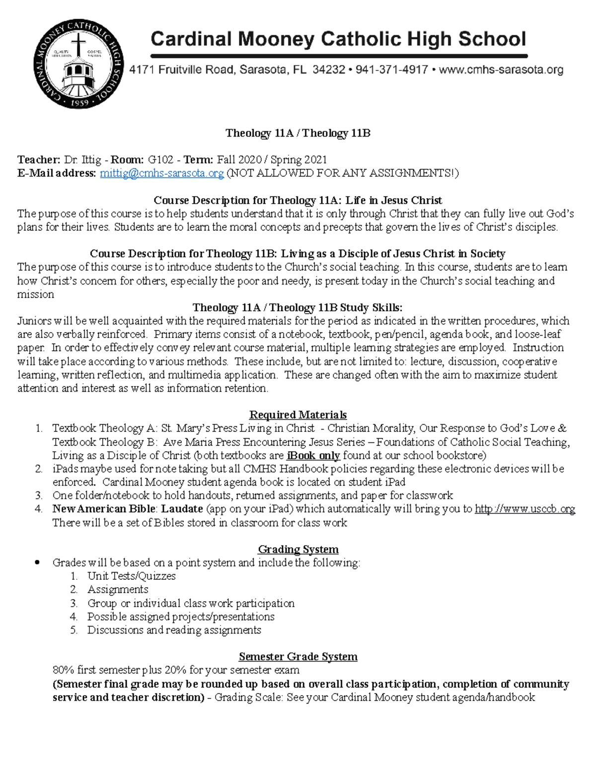 Syllabus 2020 - Theology 11A / Theology 11B Teacher: Dr. Ittig - Room ...