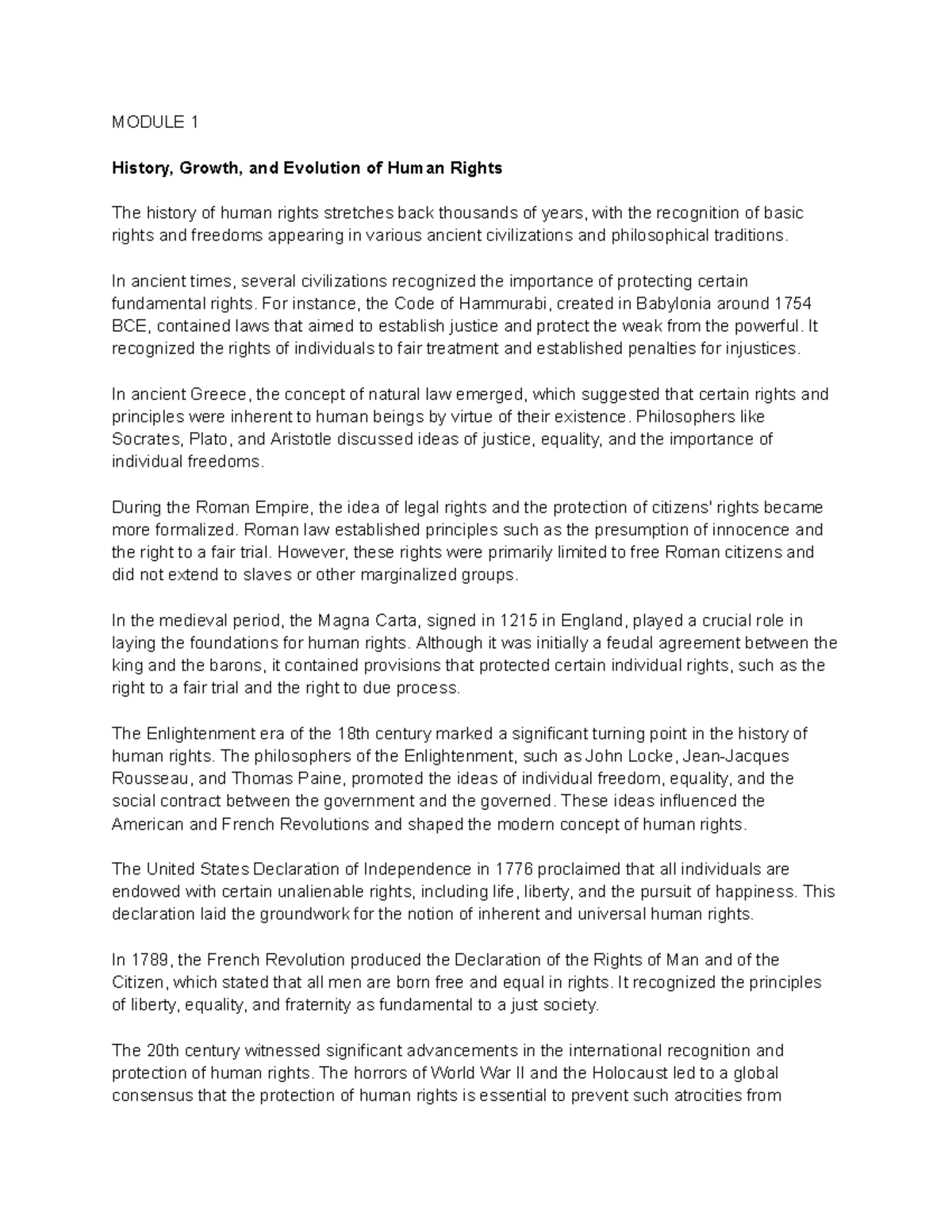 Human Rights Notes Sem 2 - MODULE 1 History, Growth, and Evolution of ...