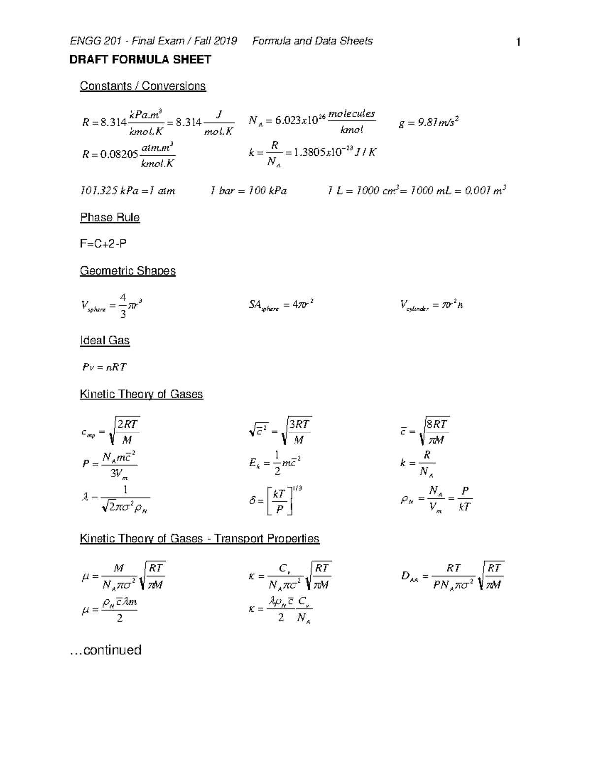ENGG 201 FE F2019 Formula Sheet Draft - DRAFT FORMULA SHEET Constants ...
