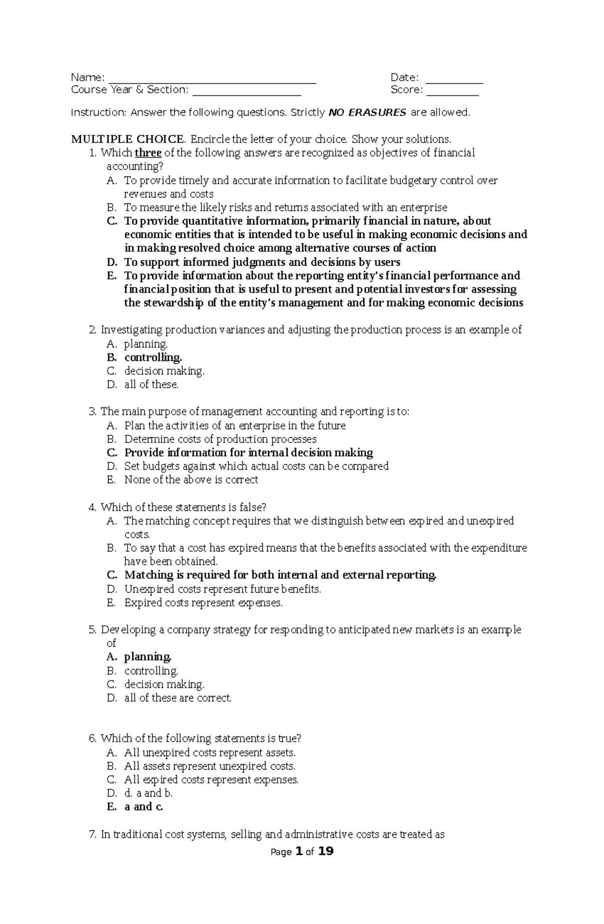EXAM 1 - Additional help for answers - Name ...