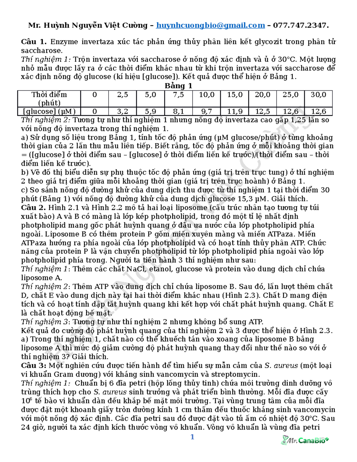 Đề hsgqg năm 2023 - hsg năm 2023 - Câu 1. Enzyme invertaza xúc tác phản ...