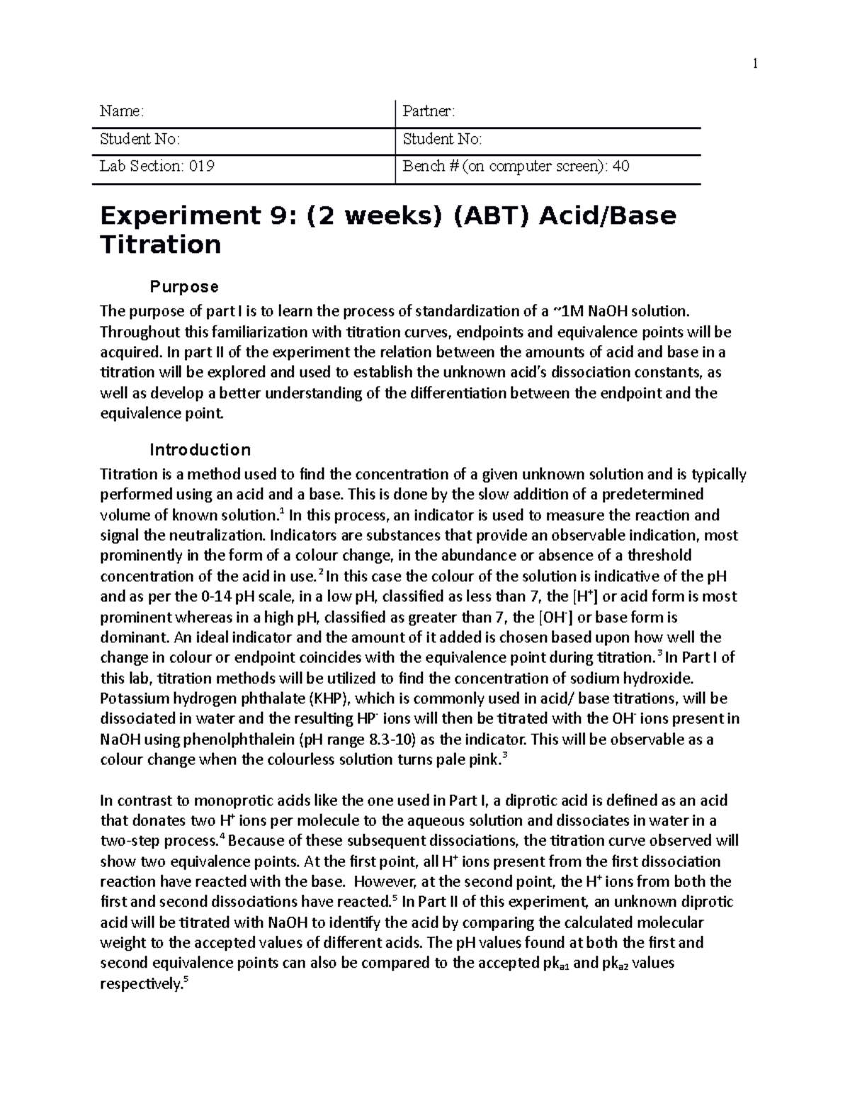 Lab #9 Acid Base Titrations - Name: Partner: Student No: Student No ...