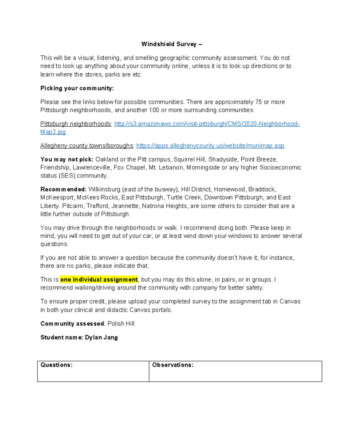 Windshield Survey Form for Community Clinical 0501123 Final - Windshield Survey – This will be a ...