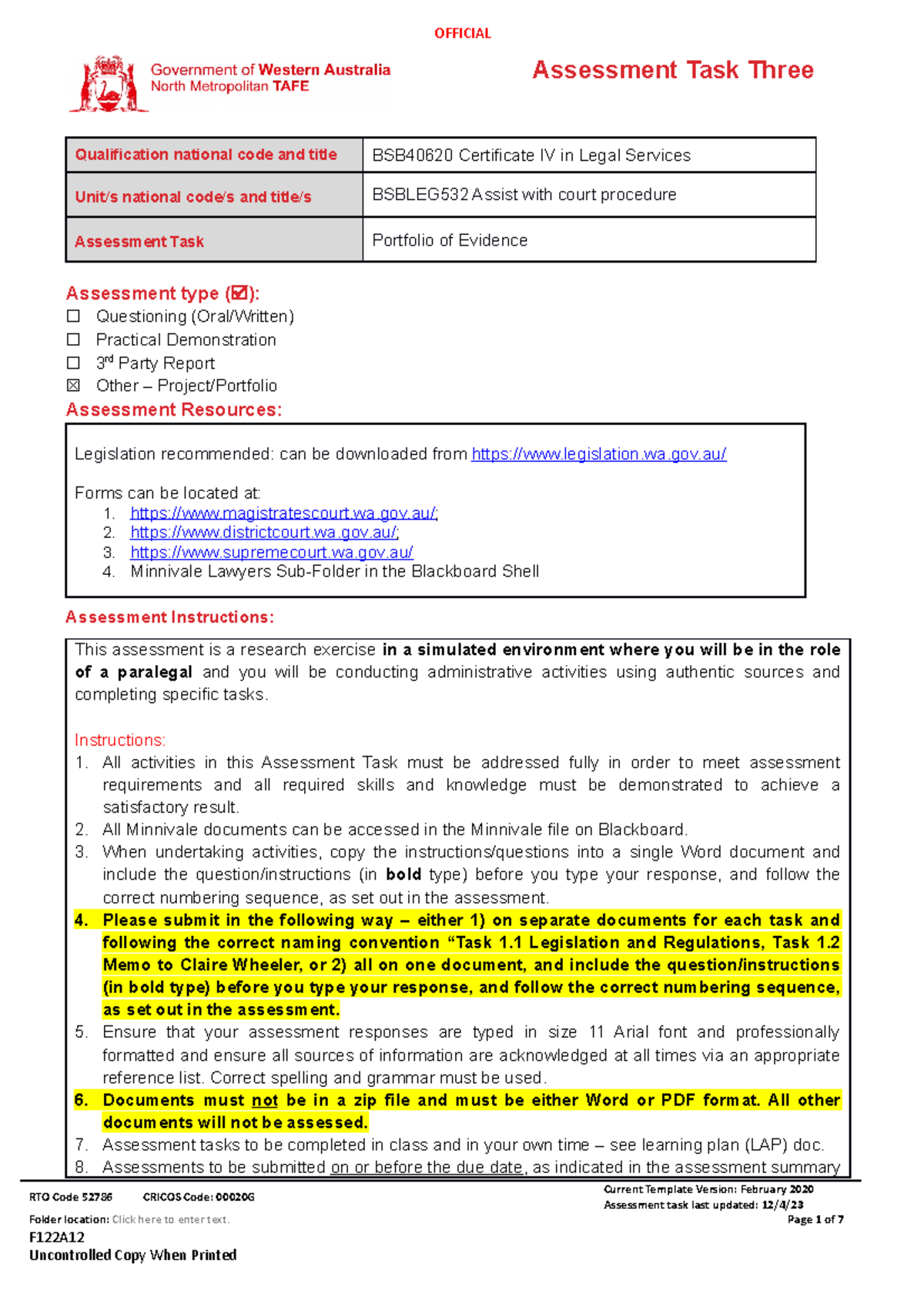 Assessment 3 Portfolio - Assessment Task Three Qualification national code and title BSB40620 ...