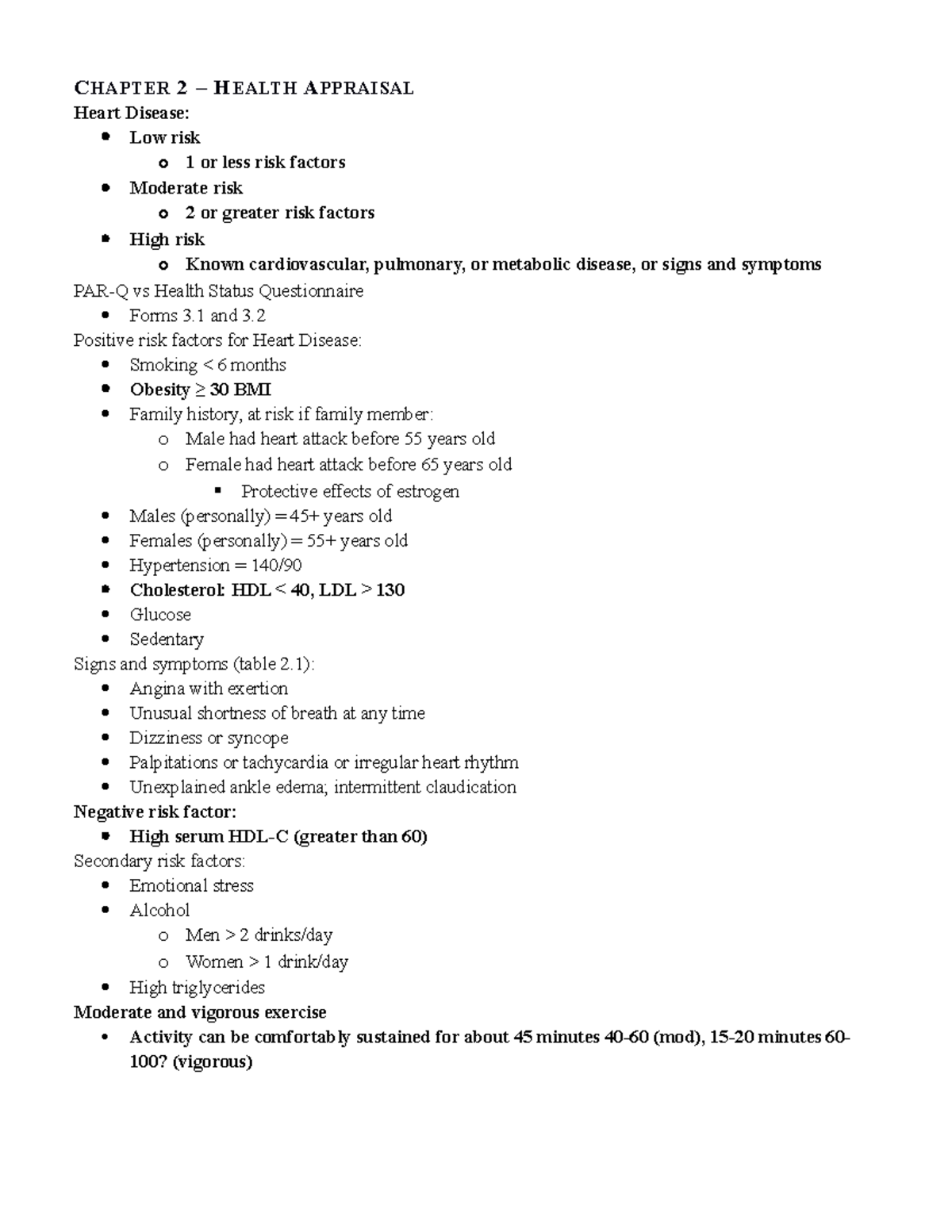 Chapter 2 Notes - C HAPTER 2 – H EALTH A PPRAISAL Heart Disease: Low ...