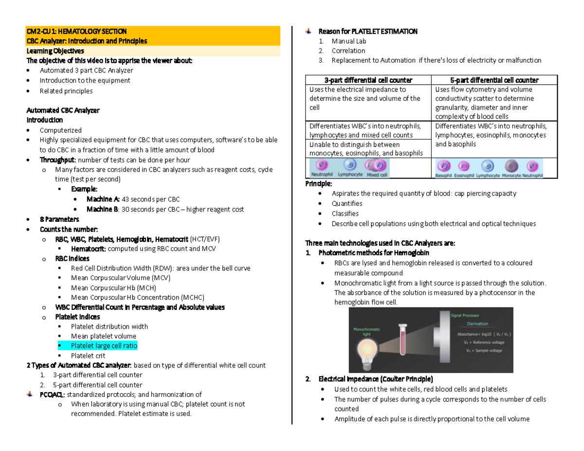 CM2-CU1- Hematology- Section with notes - CM 2 - CU 1 : HEMATOLOGY ...