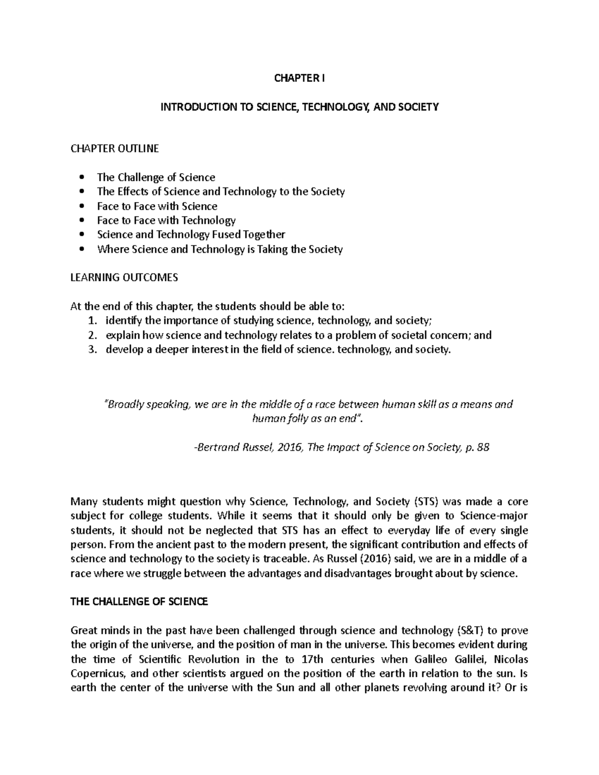 Introduction to Science, Technology and Society - CHAPTER I ...