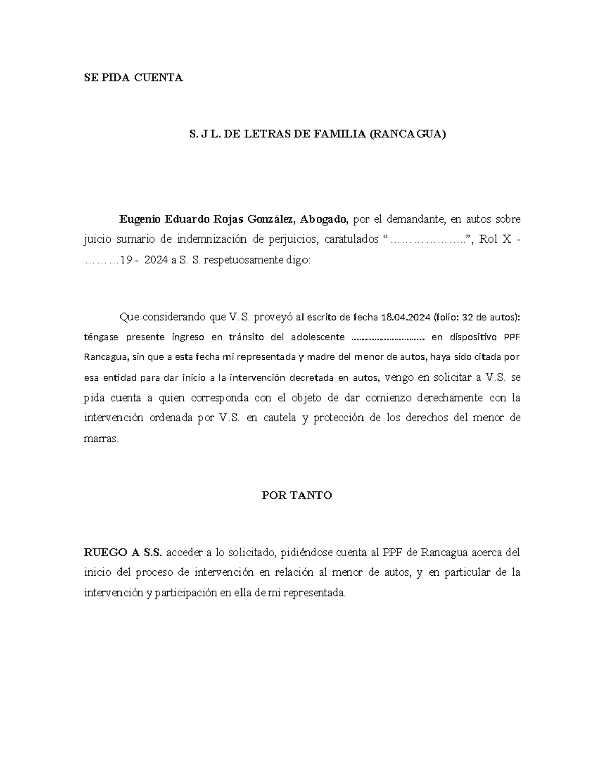 SE PIDA Cuenta - SE PIDA CUENTA S. J L. DE LETRAS DE FAMILIA (RANCAGUA ...