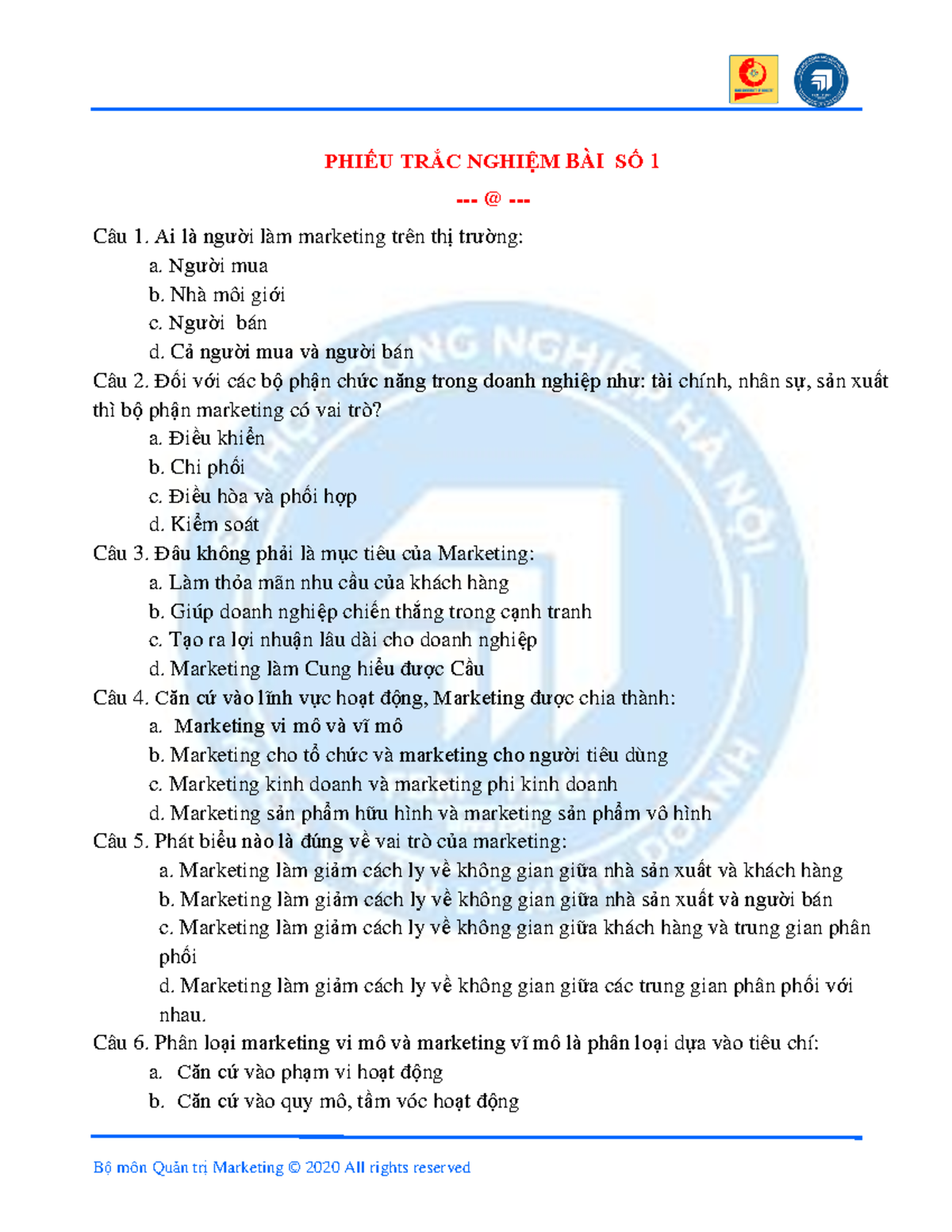 Phieu trac nghiem 1 - fdfsf - Bộ môn Quản trị Marketing © 2020 All ...