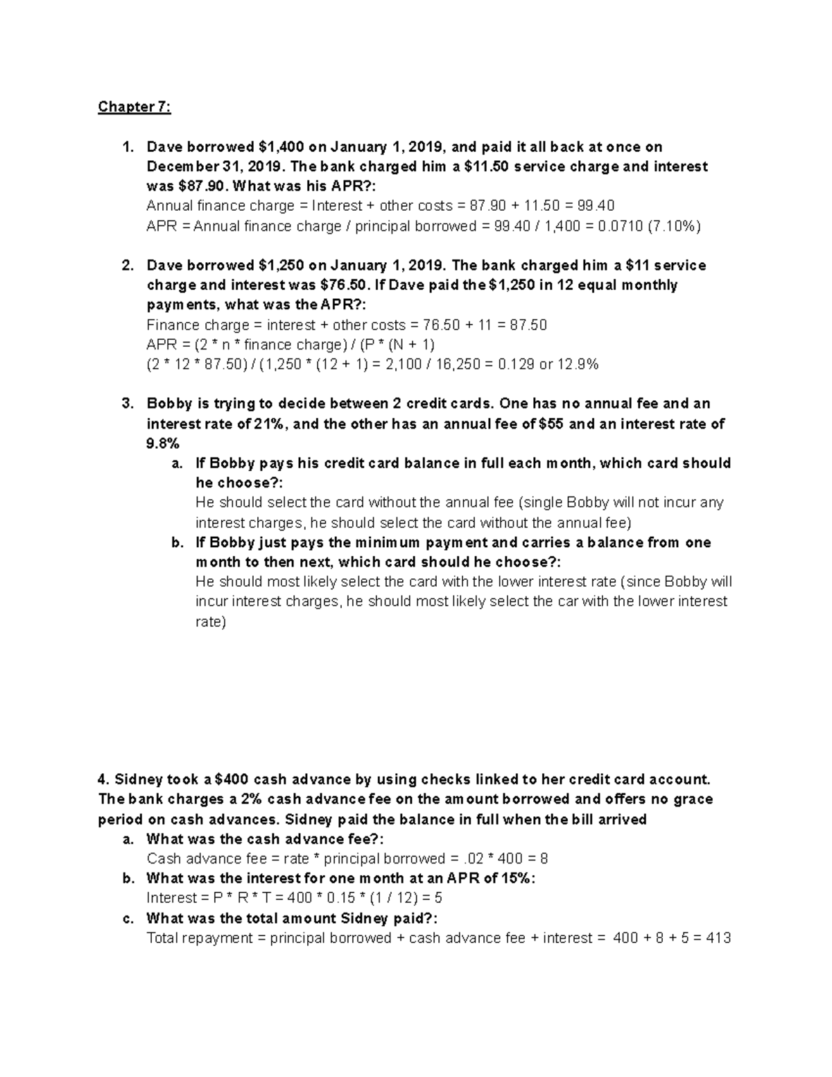 7 fin - Class notes - Chapter 7: Dave borrowed $1,400 on January 1 ...