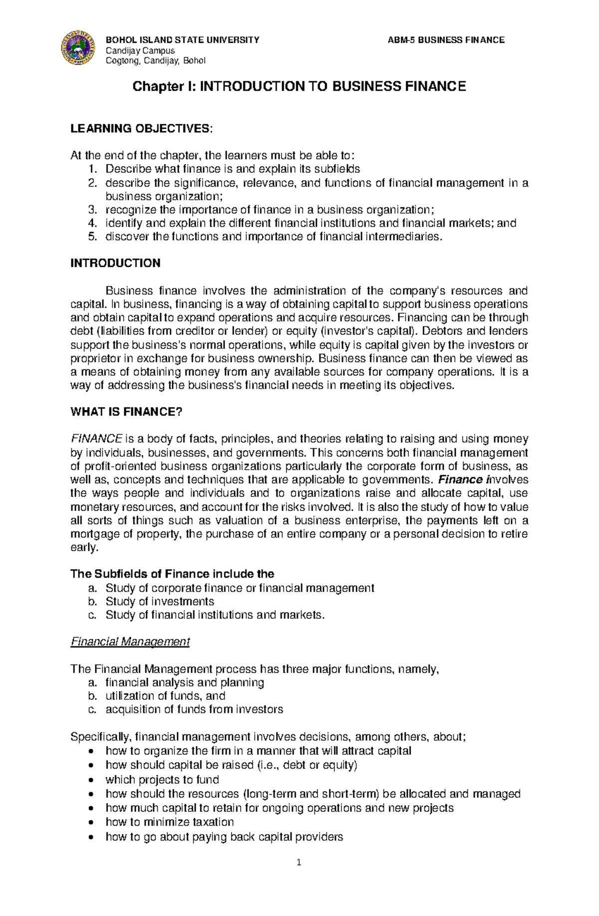 Business Finance Chapter 1 - Introduction TO Business Finance ...