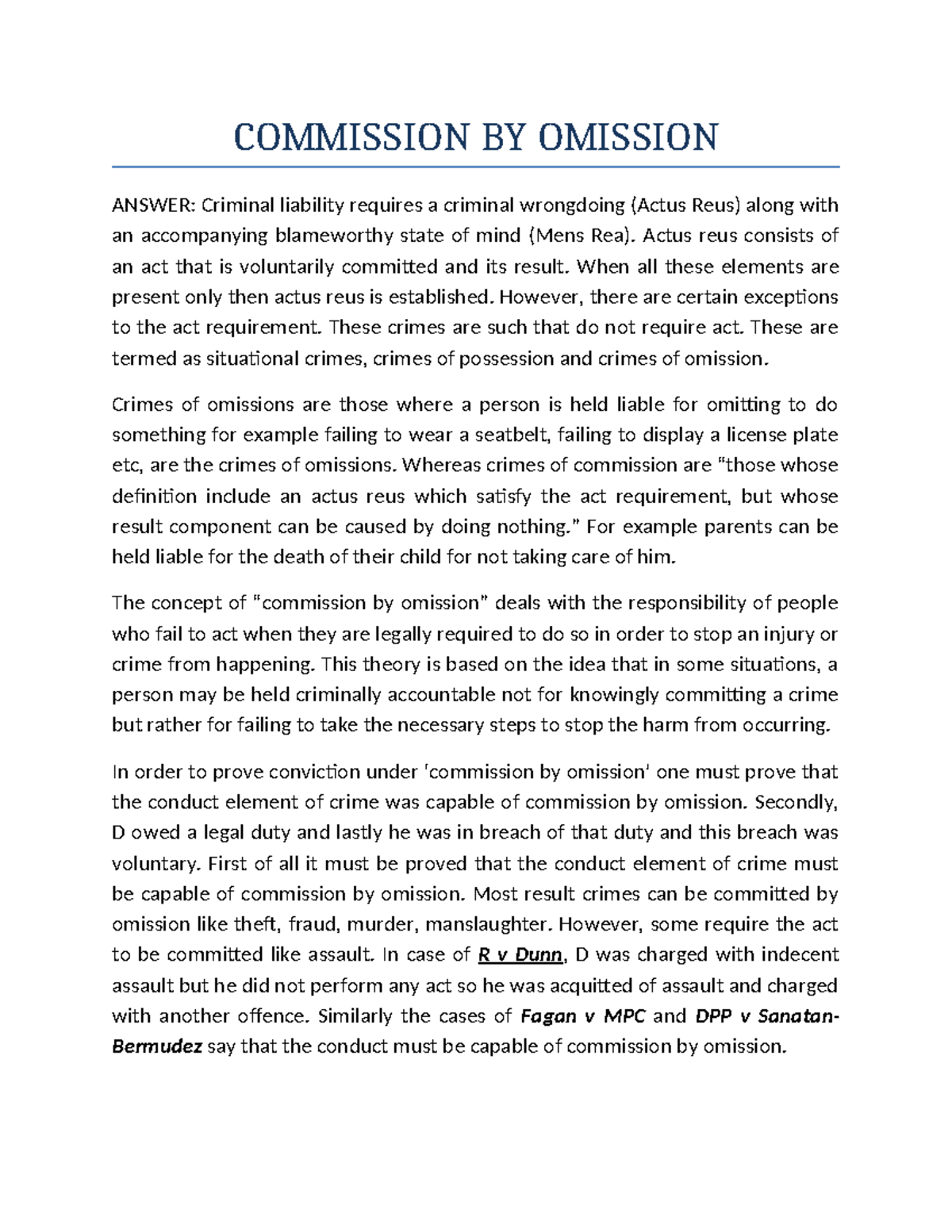 Commission BY Omission - COMMISSION BY OMISSION ANSWER: Criminal ...