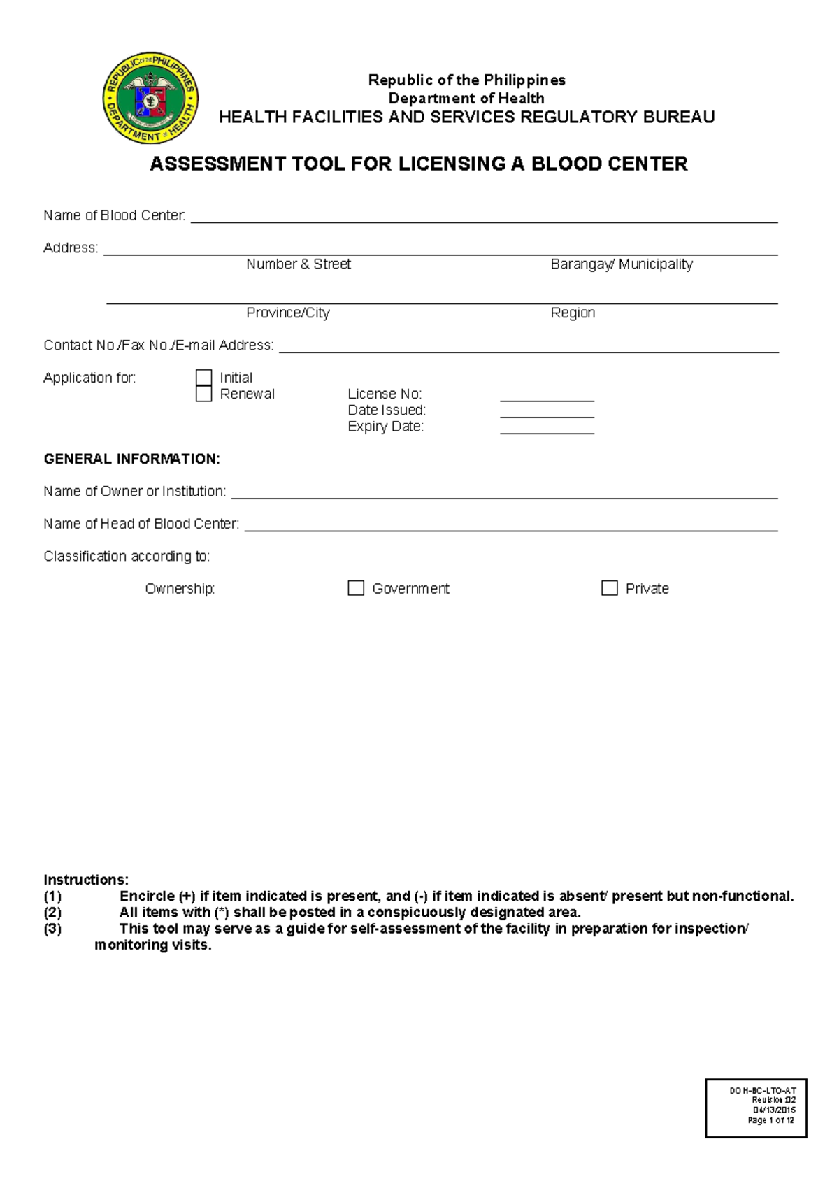 Assessment Tool for Licensing a Blood Center - DOH-BC-LTO-AT Revision ...