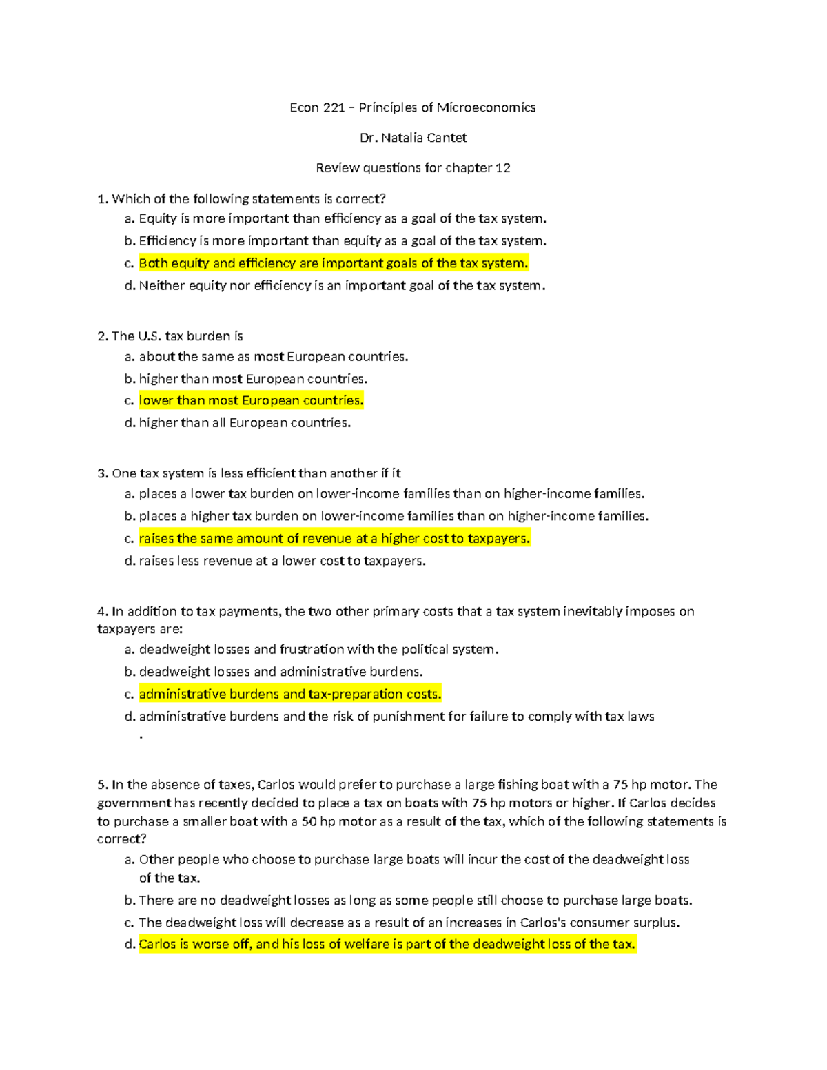 Econ 221 - Ch 12 Review questions - Econ 221 – Principles of Microeconomics Dr. Natalia Cantet ...