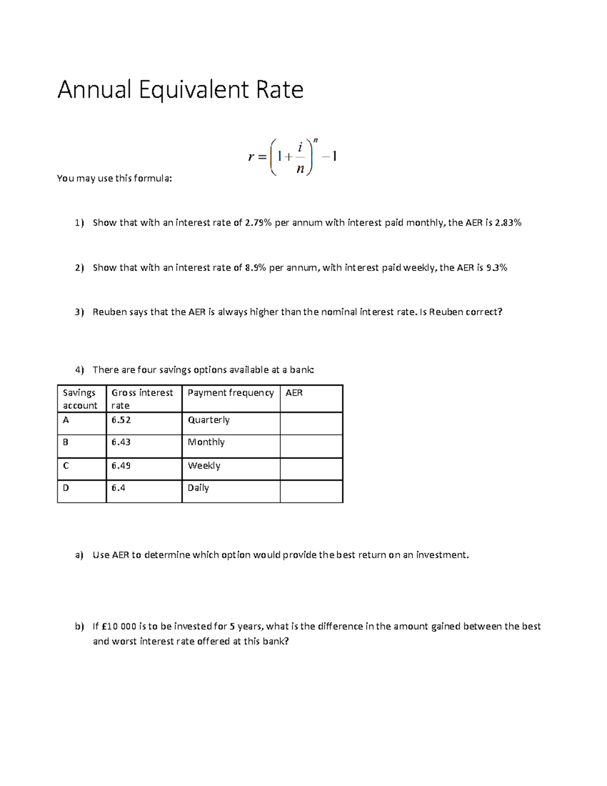 Worksheet annual equivalent rate - Annual Equivalent Rate You may use ...