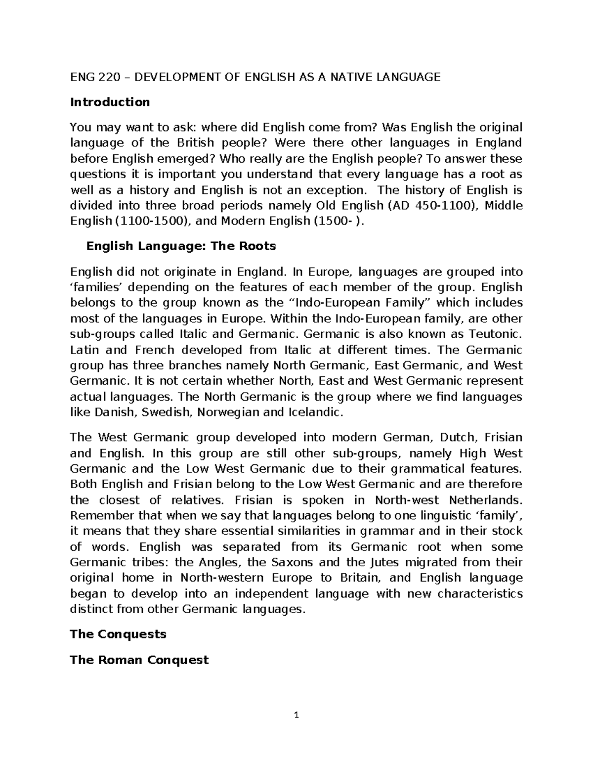 ENG 220 Notes - ENG 220 – DEVELOPMENT OF ENGLISH AS A NATIVE LANGUAGE ...