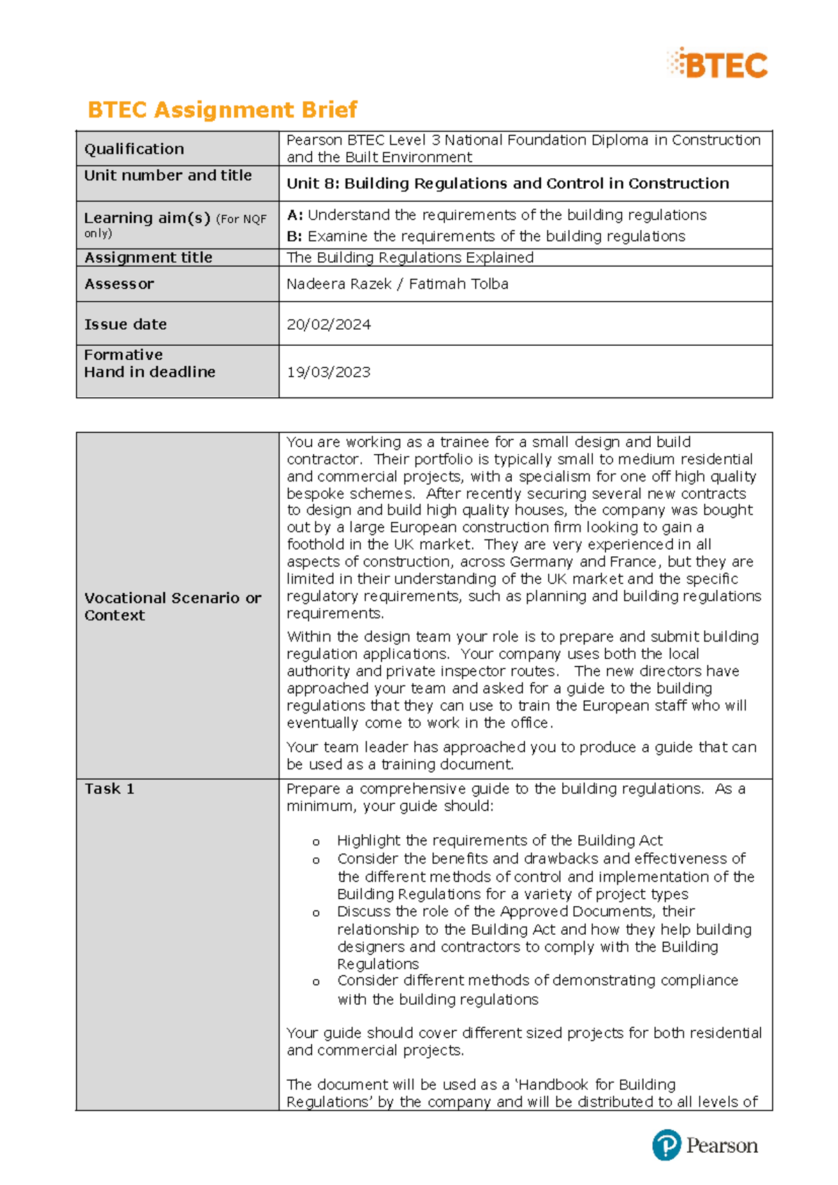 Unit 8 Assignment 1 - BTEC Assignment Brief Qualification Pearson BTEC ...