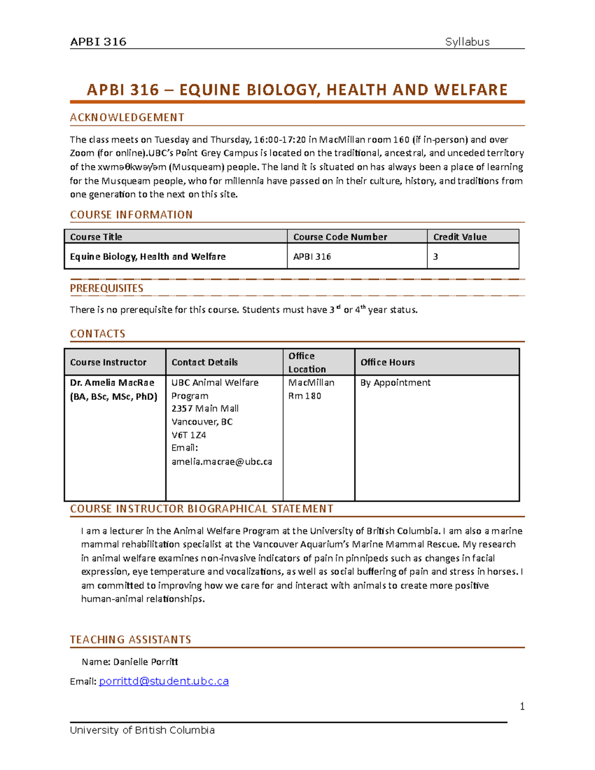 APBI 316 Syllabus 2022 T2-1 - APBI 316 – EQUINE BIOLOGY, HEALTH AND ...