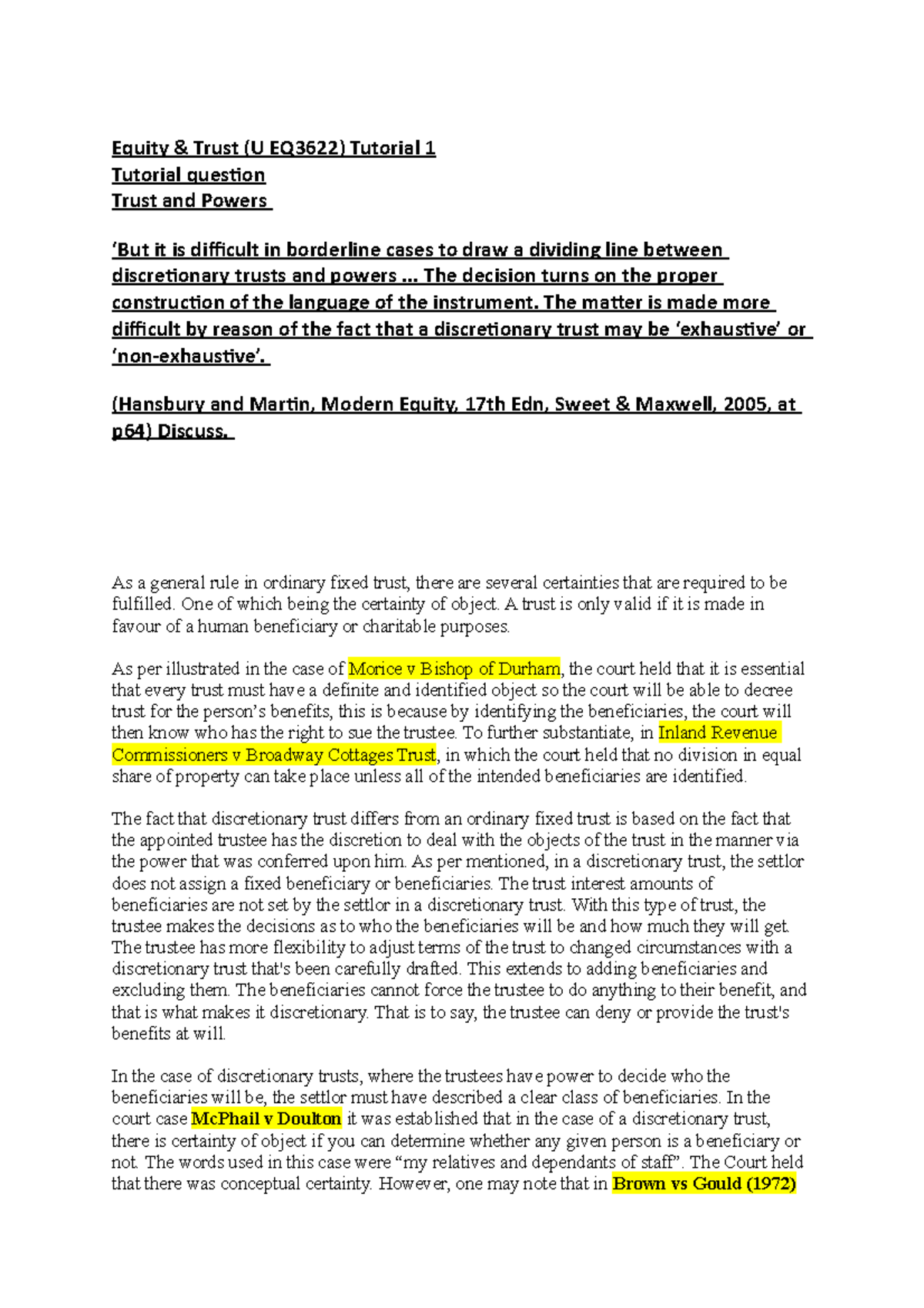 Tutorial 1 question and answer - Equity and Trusts II - MMU - Studocu