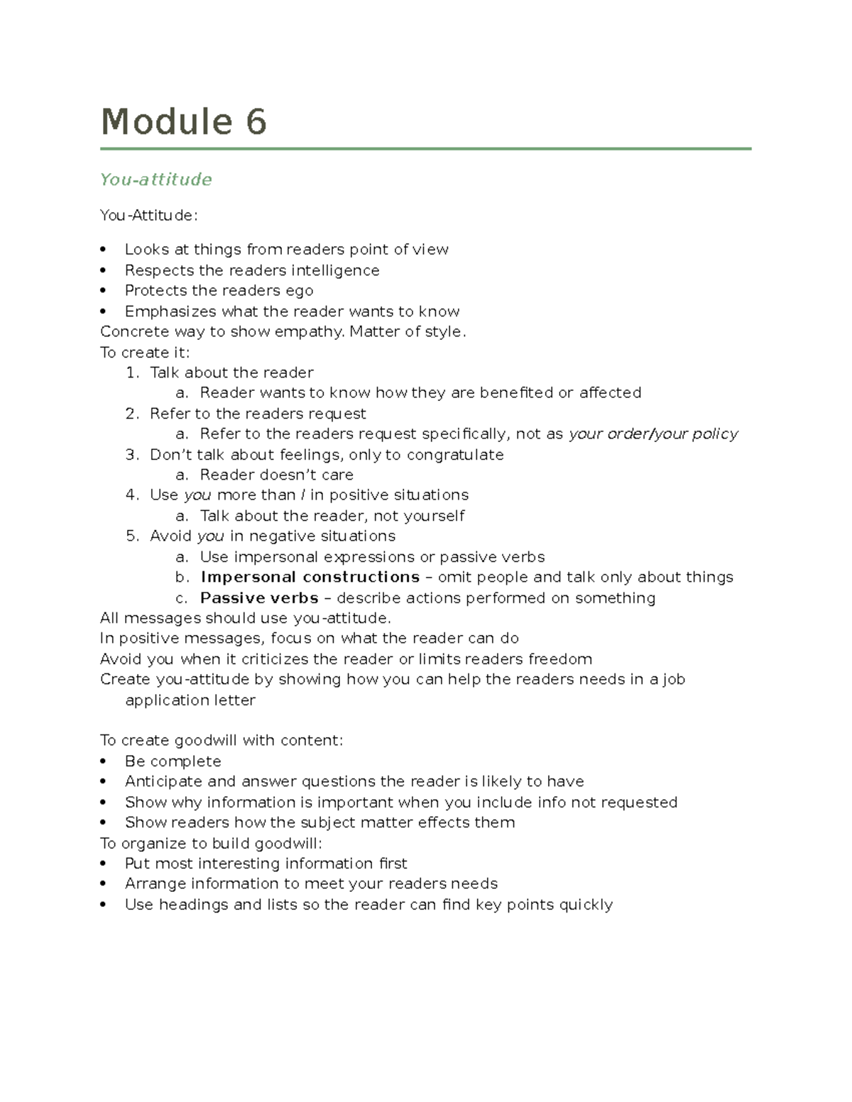 Module 6 - Lecture notes 6 - Module 6 You-attitude You-Attitude: Looks ...