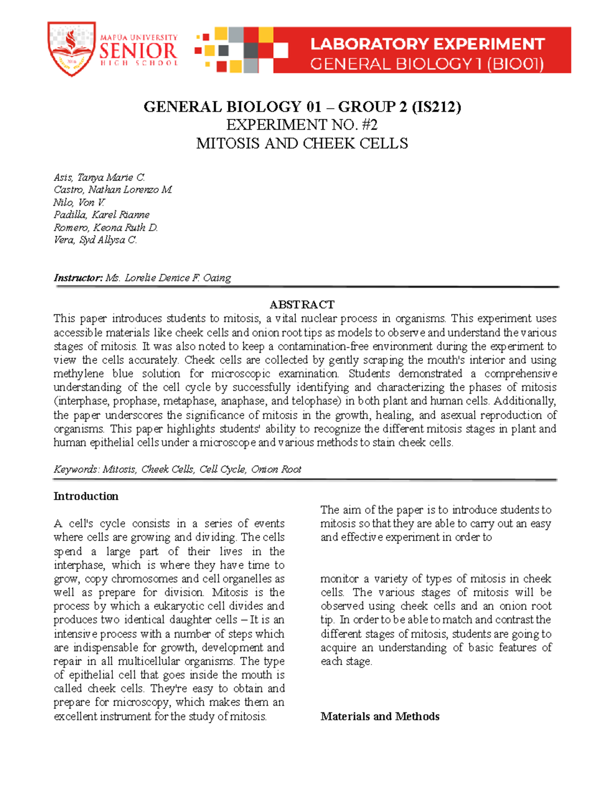 Mitosis and Cheek Cells Lab Report - GENERAL BIOLOGY 01 – GROUP 2 ...