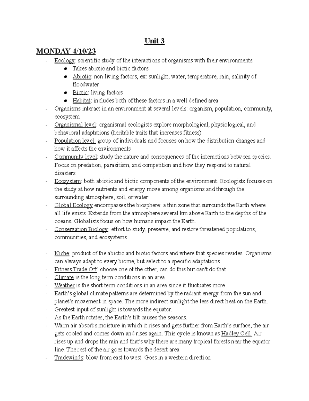 UNIT 3 OF BIO - unit 3 complete notes for bio 1306 - Unit 3 MONDAY 4/10 ...