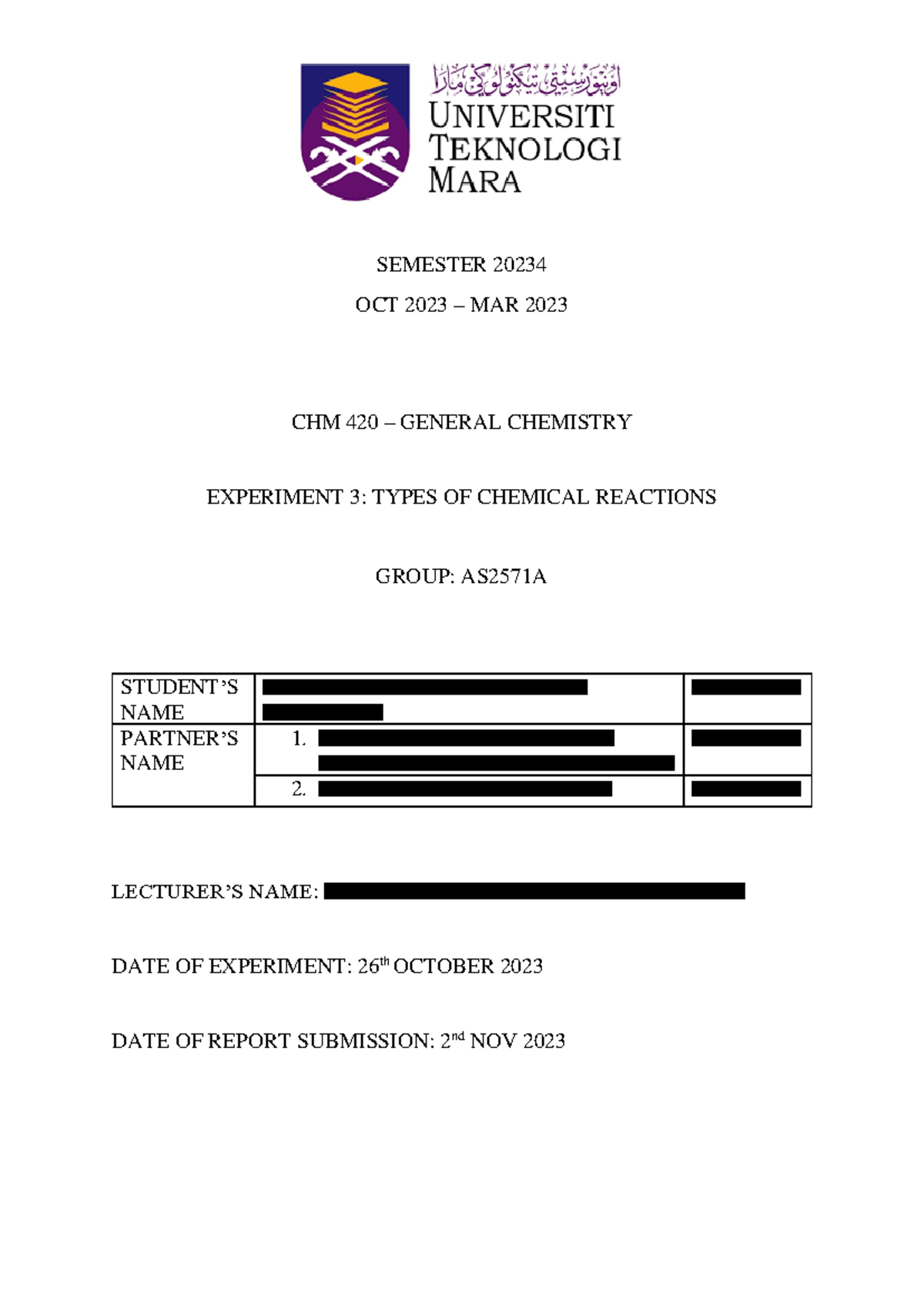 LAB Report Experiment 3 - SEMESTER 20234 OCT 2023 – MAR 2023 CHM 420 ...