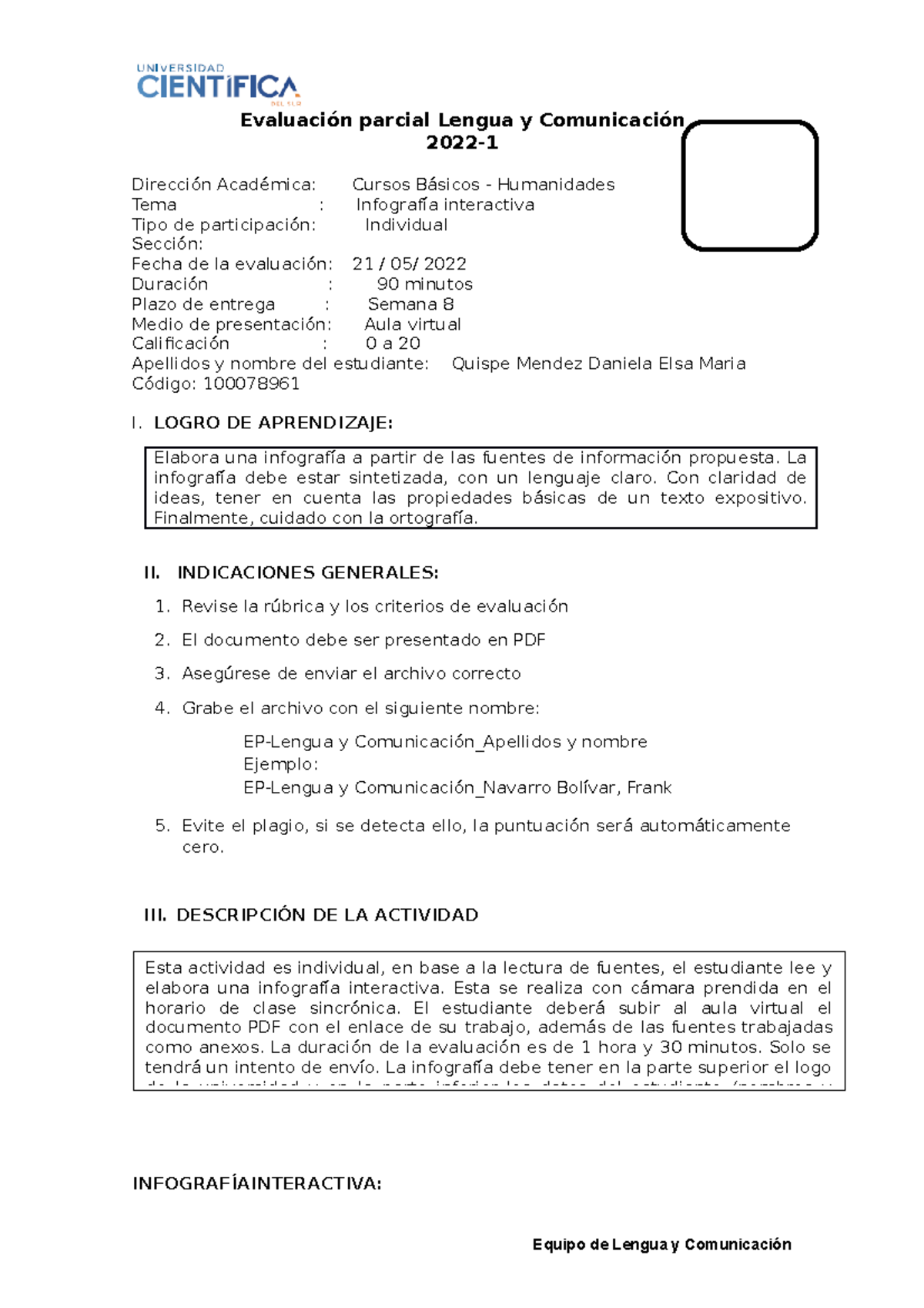 EP Evaluación Parcial-1 Lengua y Comunicacion - Evaluación parcial Lengua y Comunicación 2022 ...