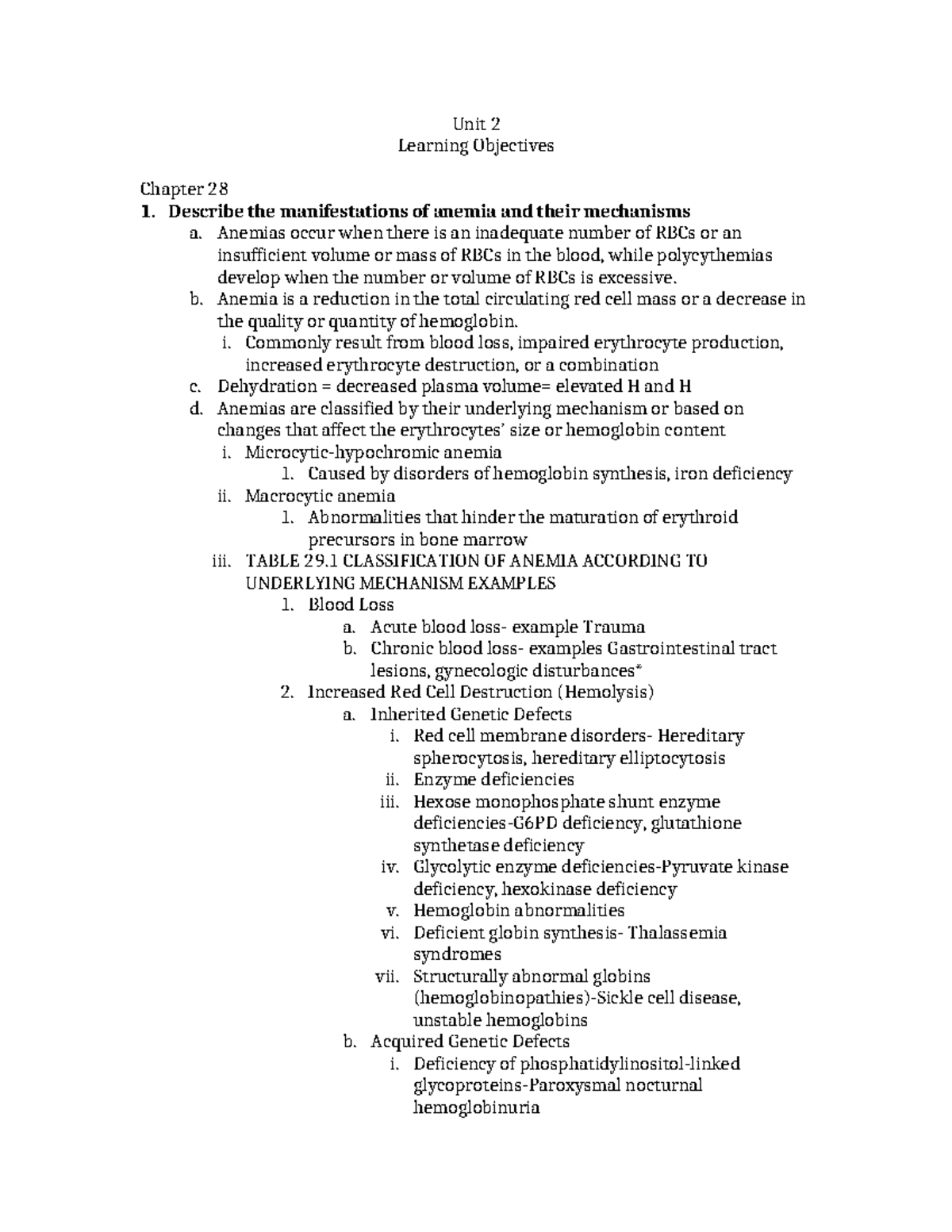 Unit 2 Learning Objectives Hematological-updated 01 28 2023 - Unit 2 ...