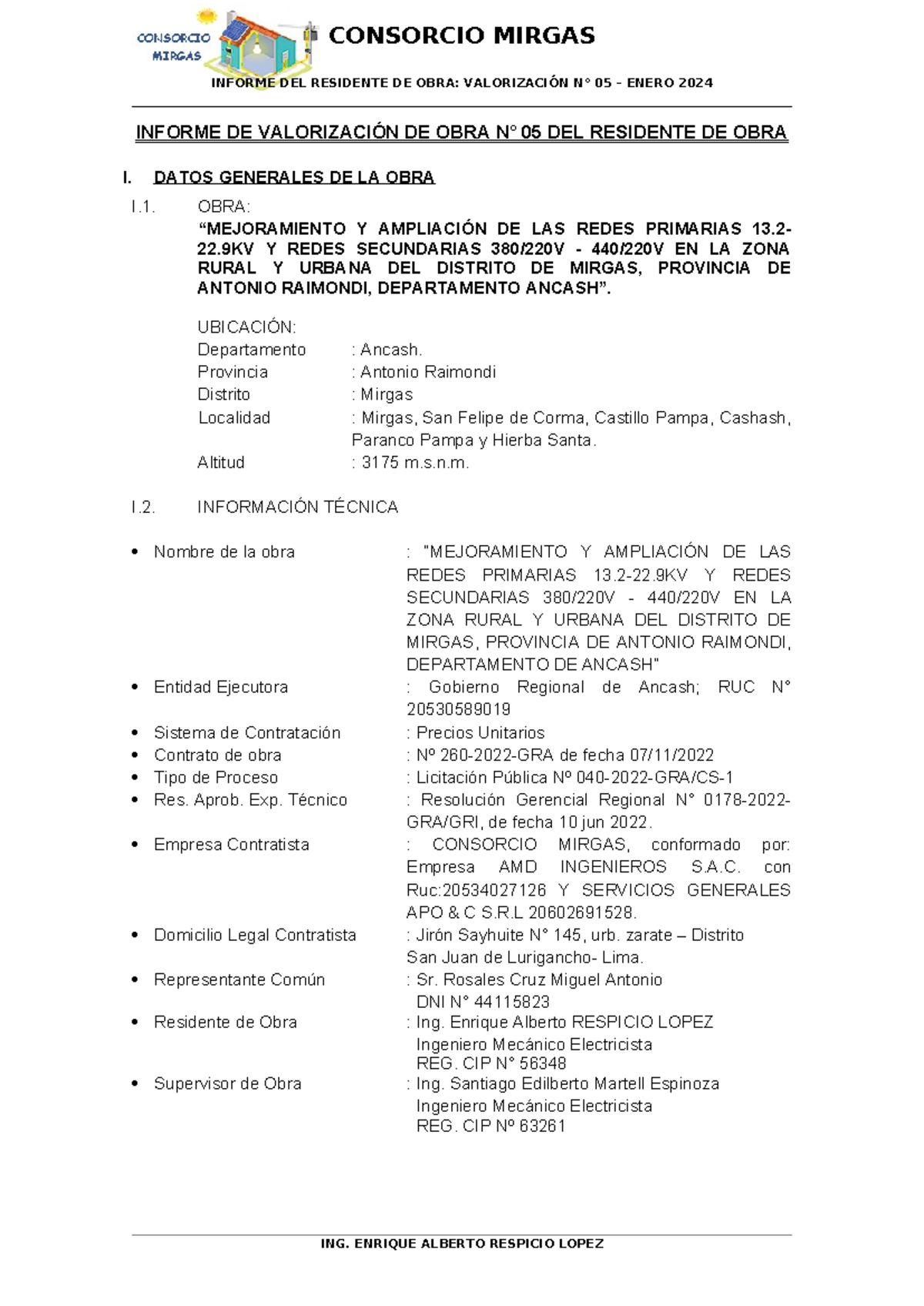 2.4.- Informe DEL Residente VAL. 05 - INFORME DEL RESIDENTE DE OBRA: VALORIZACIÓN N° 05 – ENERO ...