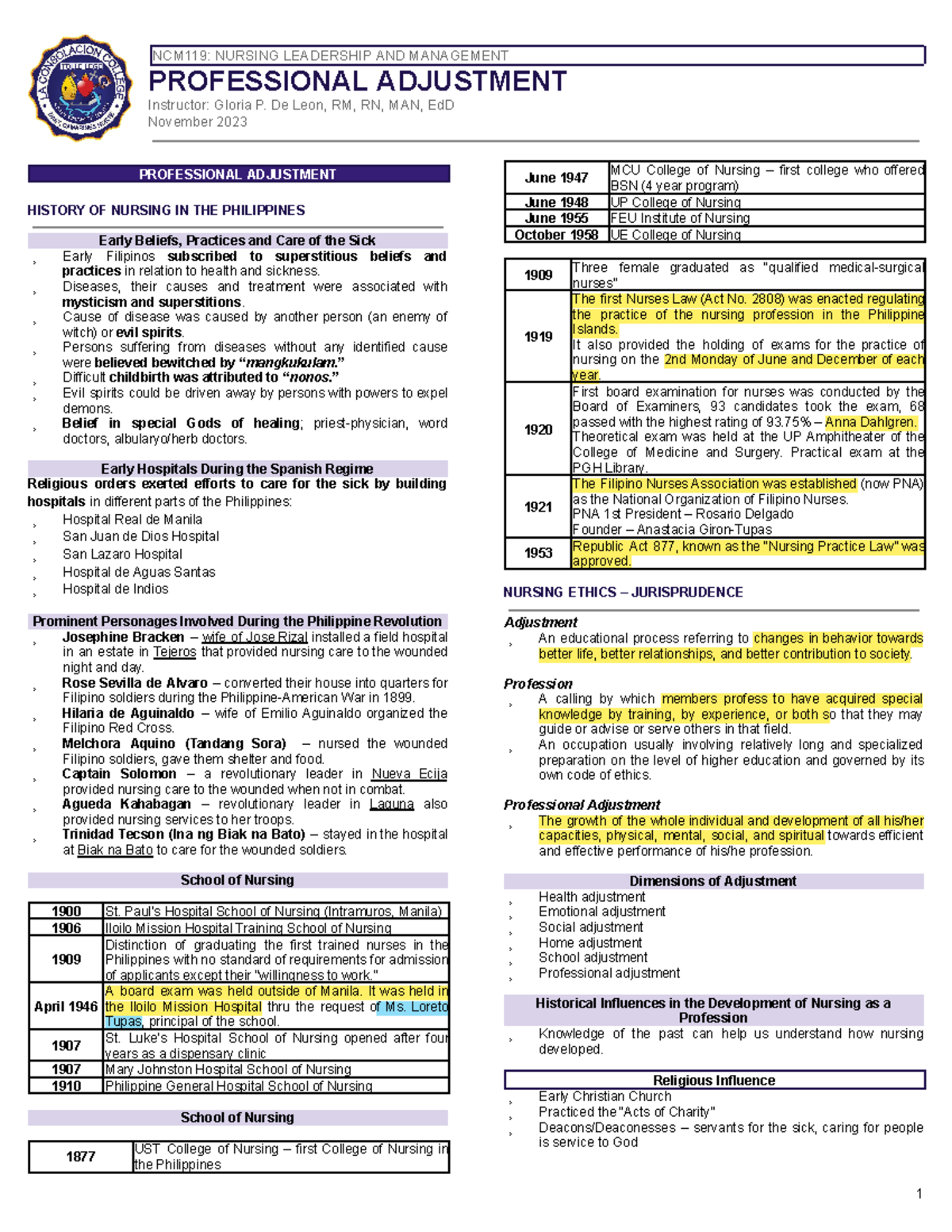 Professional-Adjustment - NCM119: NURSING LEADERSHIP AND MANAGEMENT ...