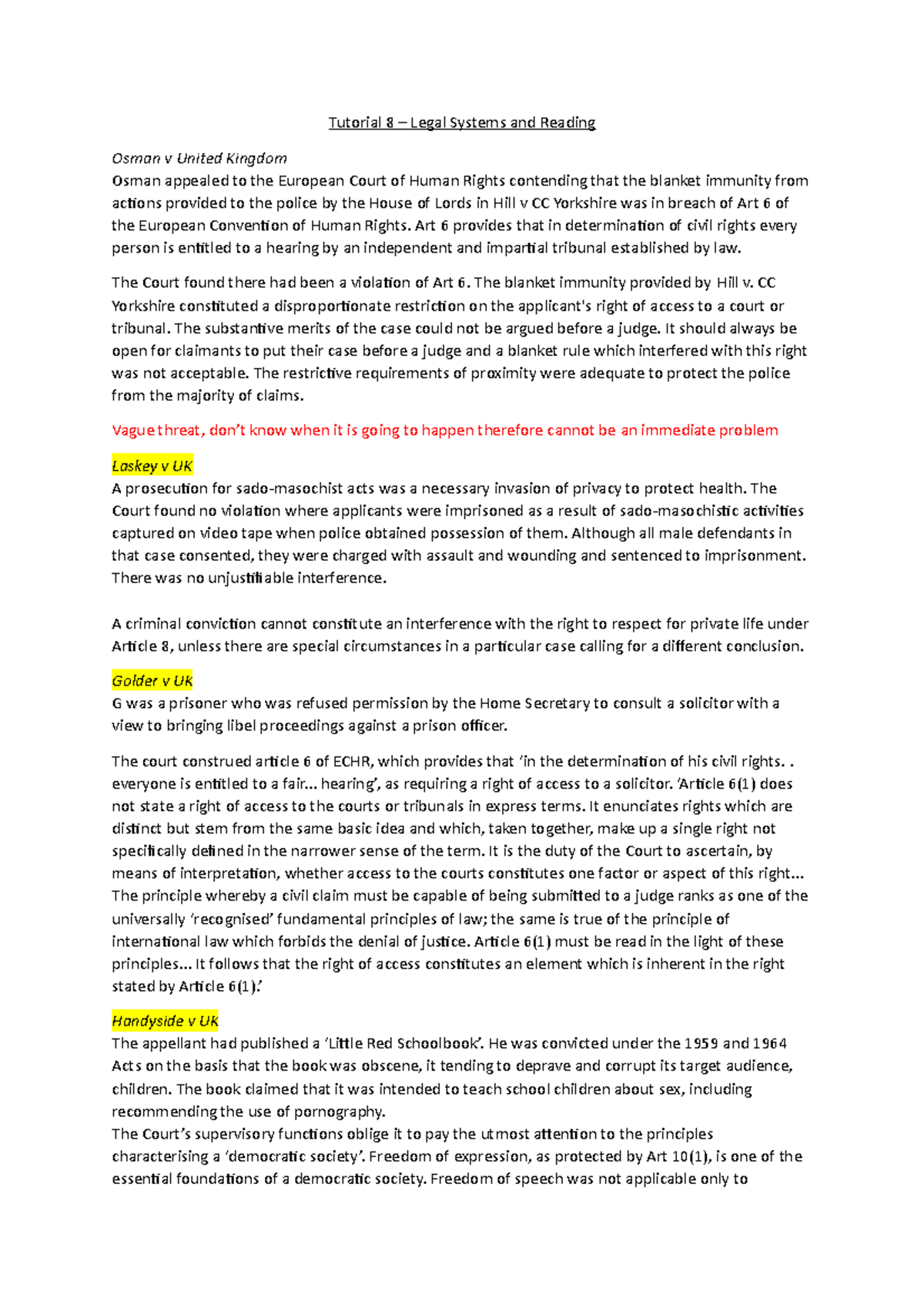 Tutorial 8 Reading - Tutorial 8 – Legal Systems and Reading Osman v ...