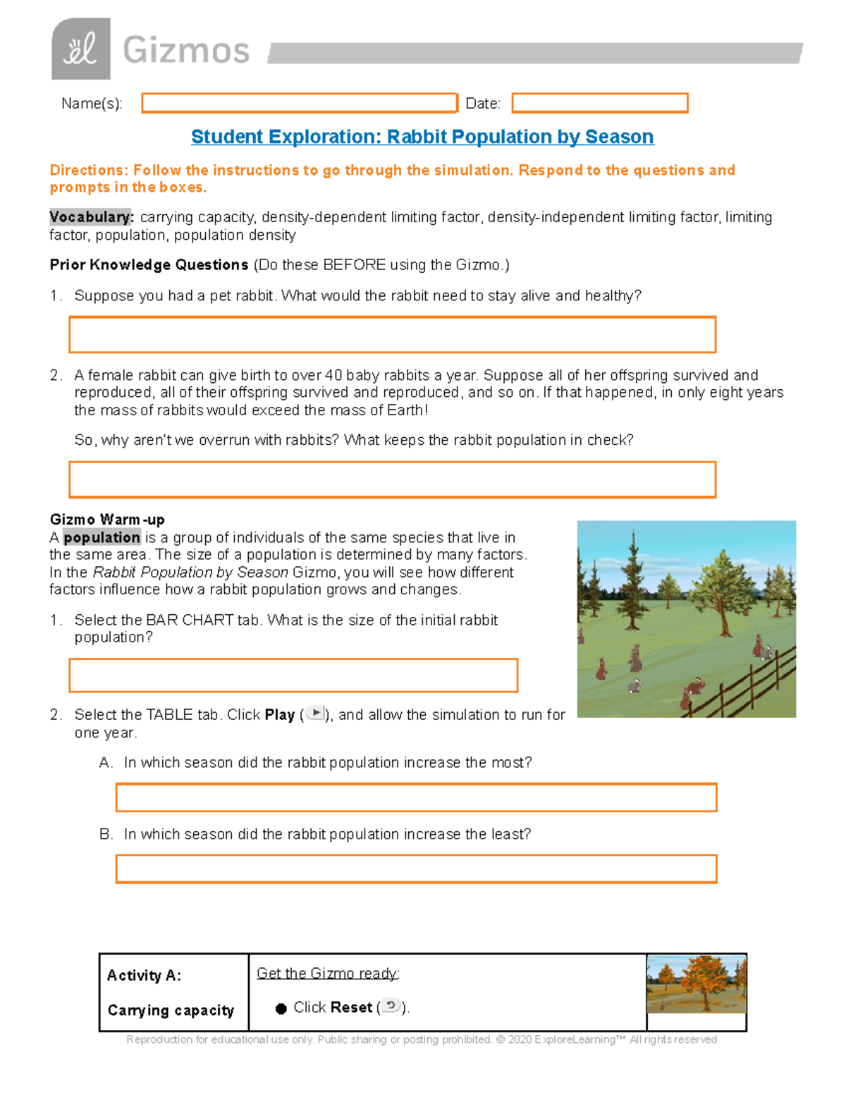 Gizmo Rabbit Population By Season Name s Date Student Exploration