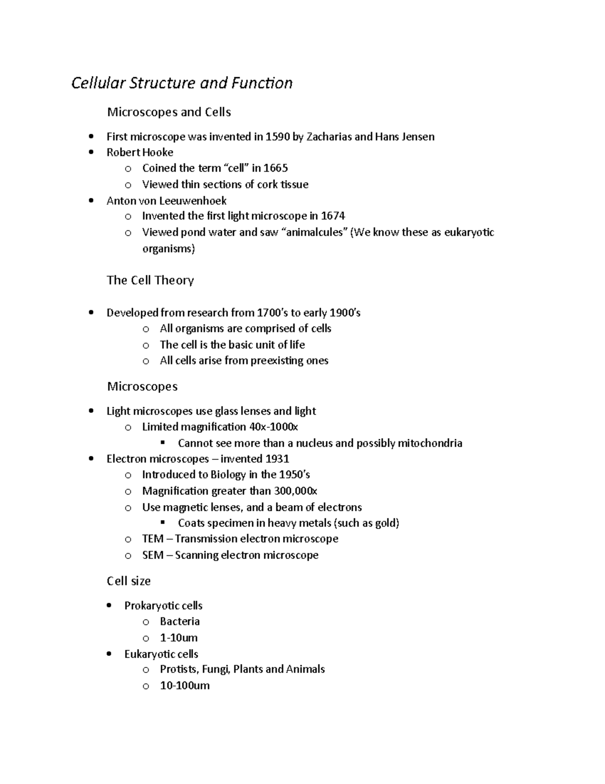 Biology 101 Cell Structure and Function - Cellular Structure and ...