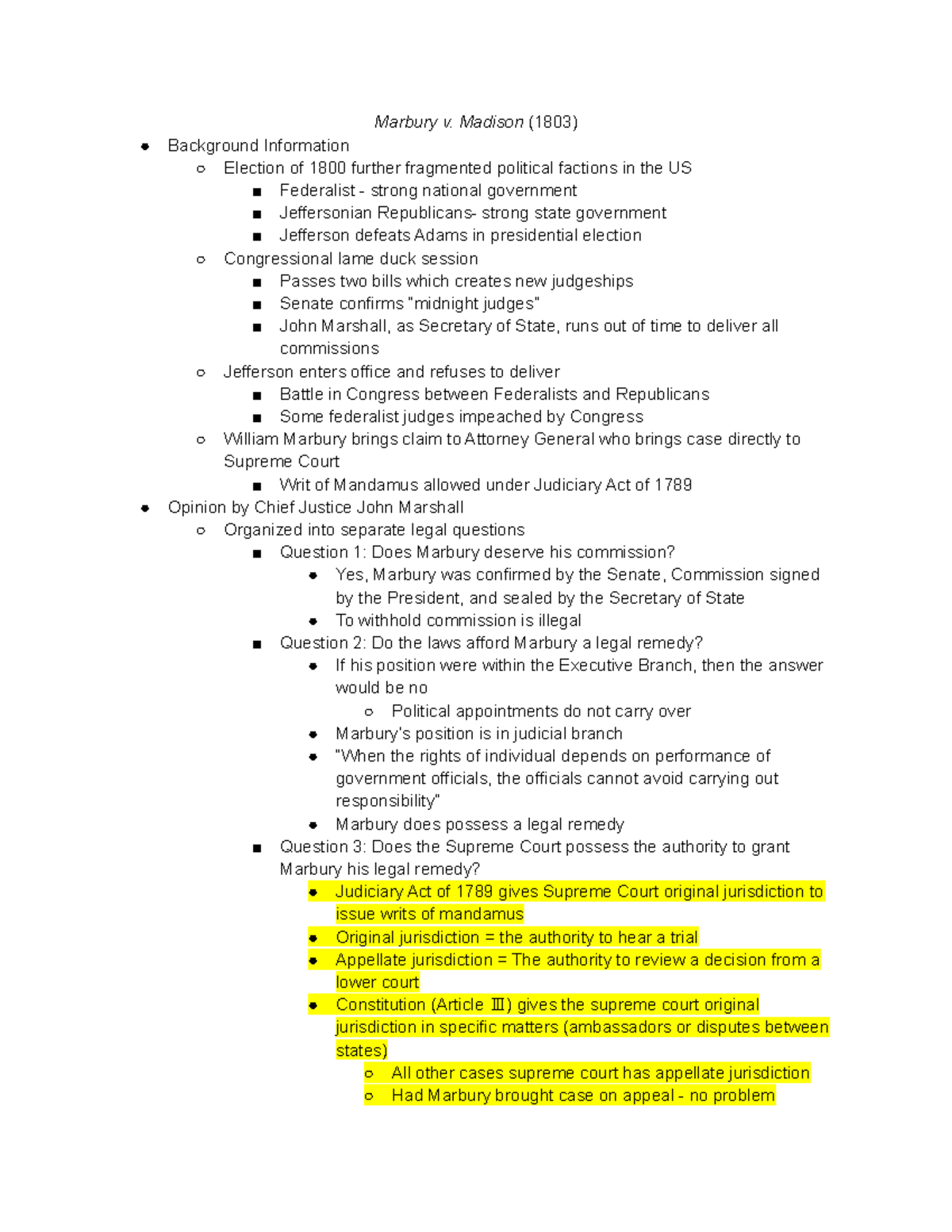 Constitutional Law Study Guide #1 (full case briefs) - Marbury v ...